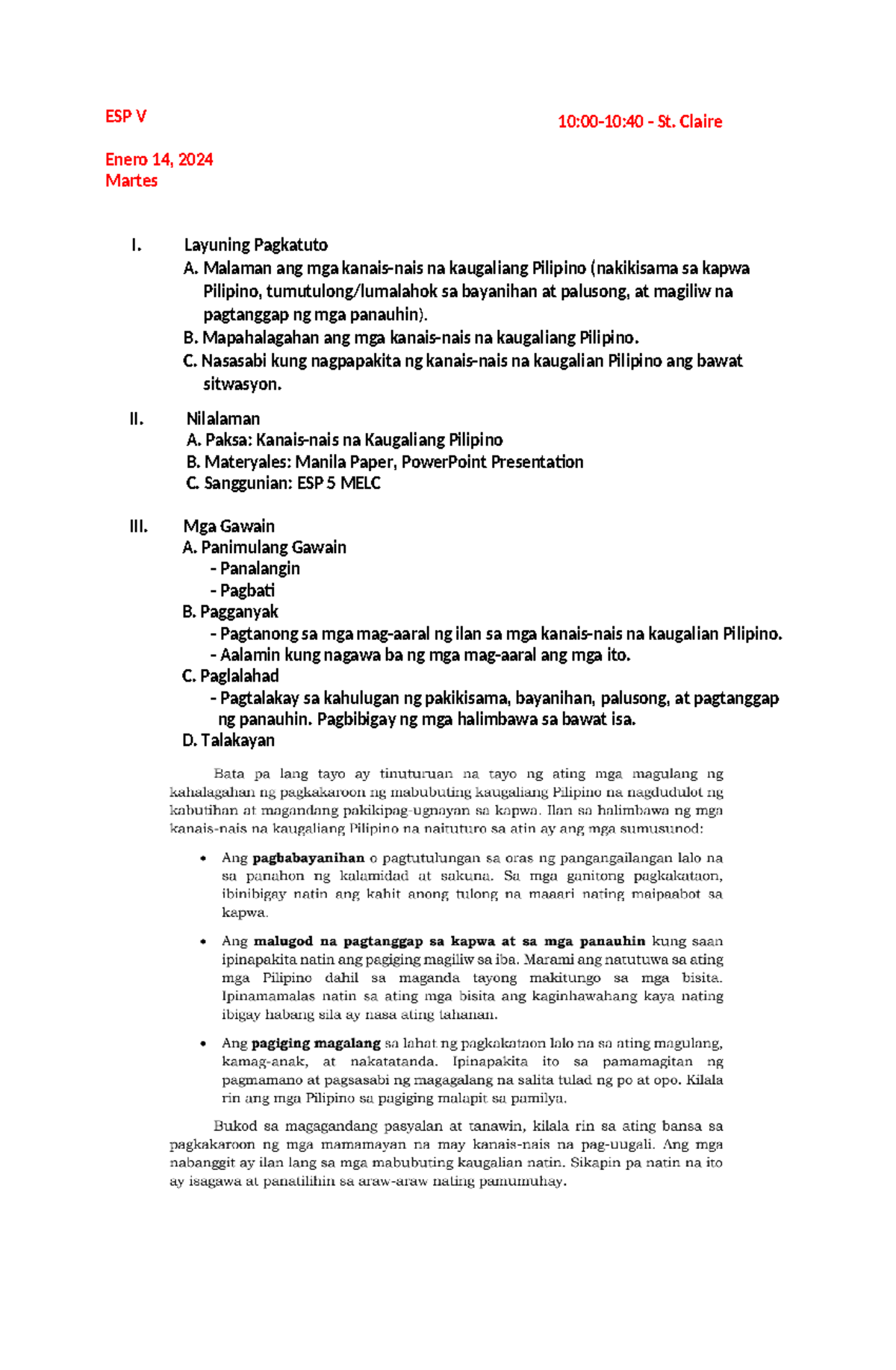 ESP Fiesta - Lesson plan in ESP - ESP V Enero 14, 2024 Martes I ...