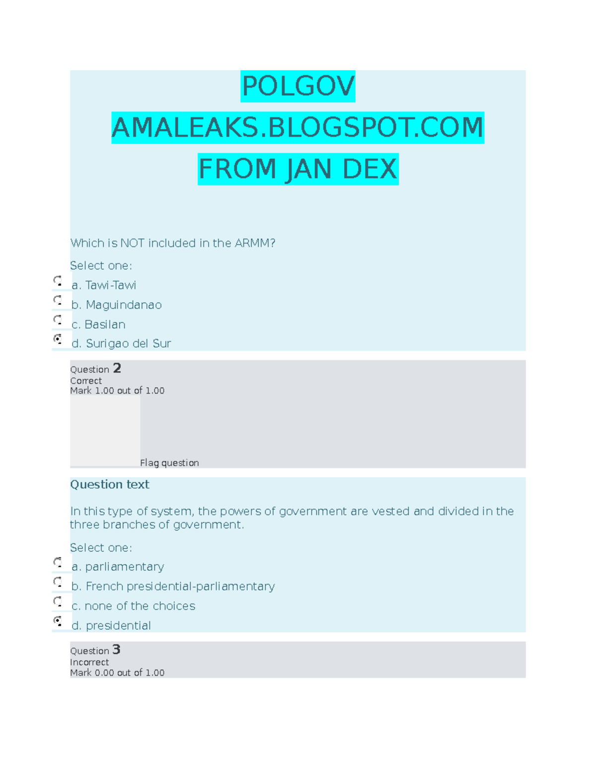 Polgov Quiz: ARMM Exclusions and Philippine Political System Insights ...