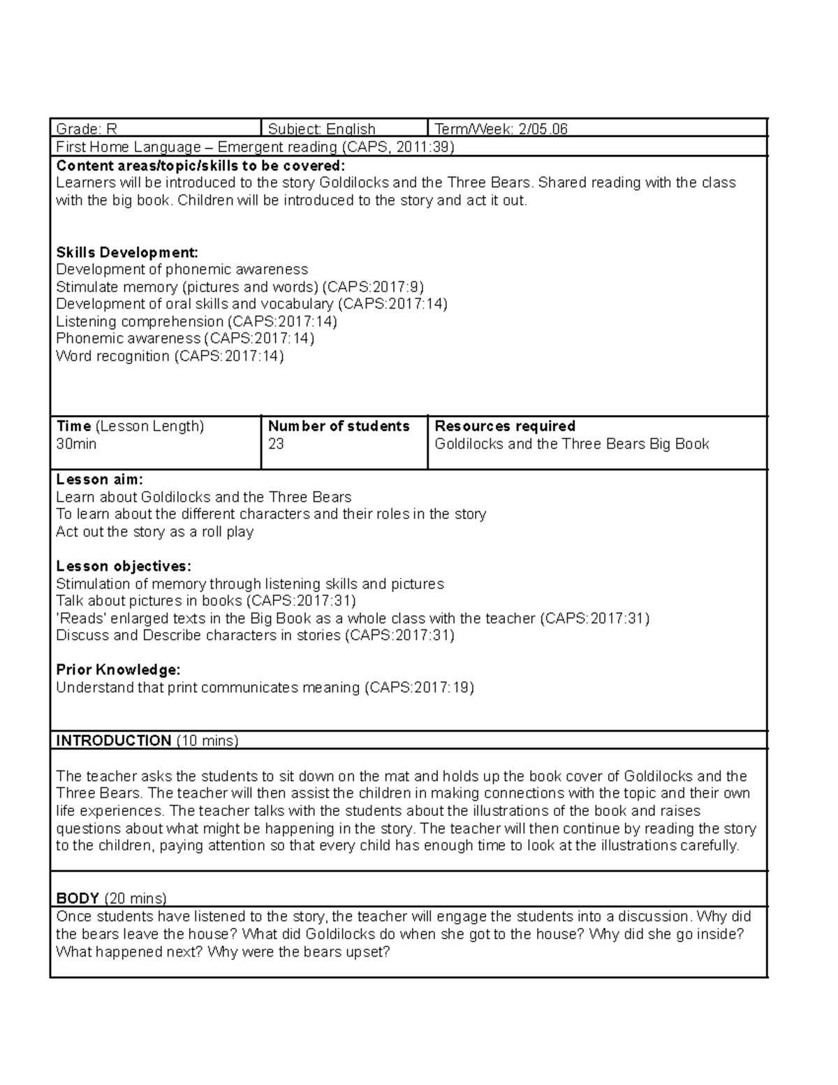 Lesson Plan: Emergent Reading - Goldilocks for English First Home ...