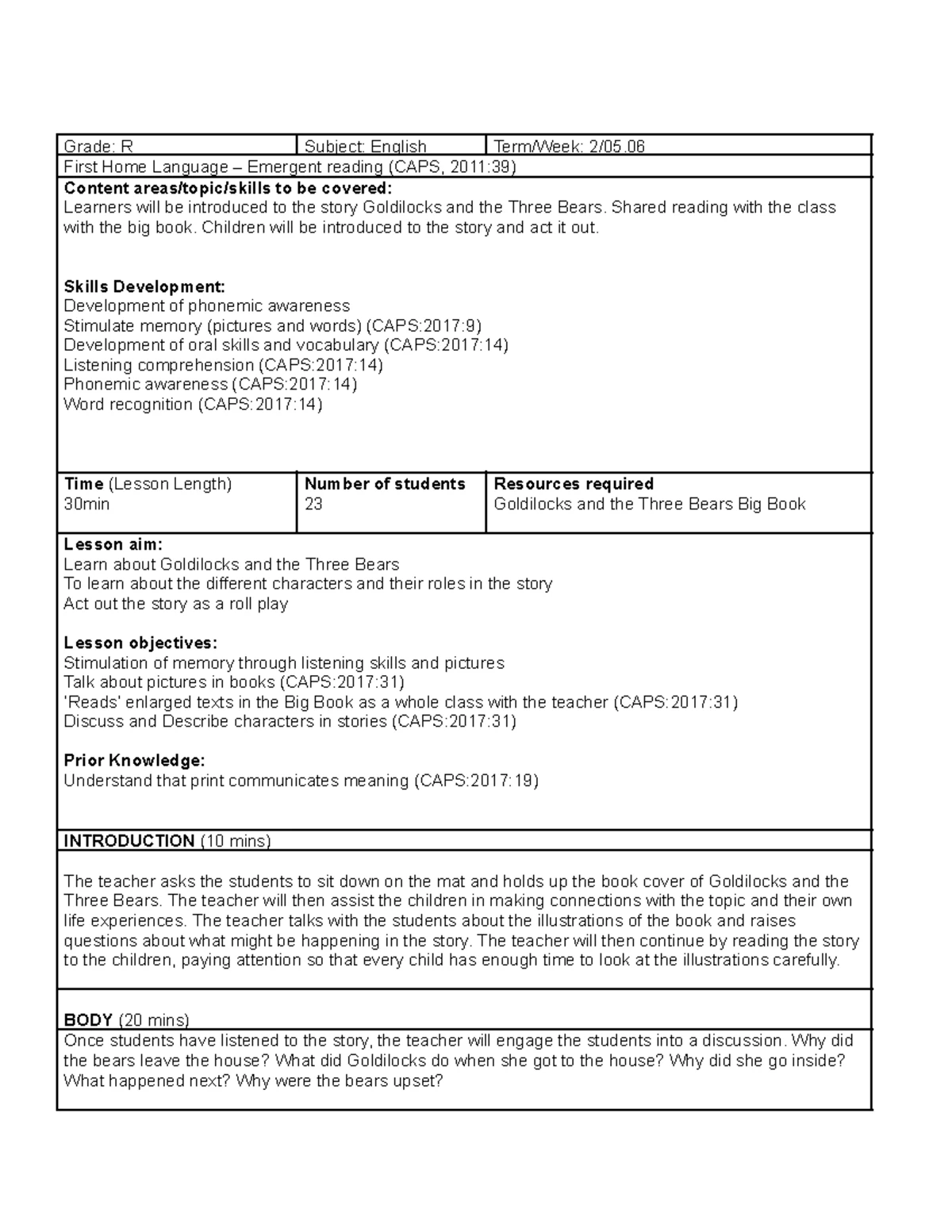 Water GR R LS - Lesson plan - SANTS Private Higher Education ...