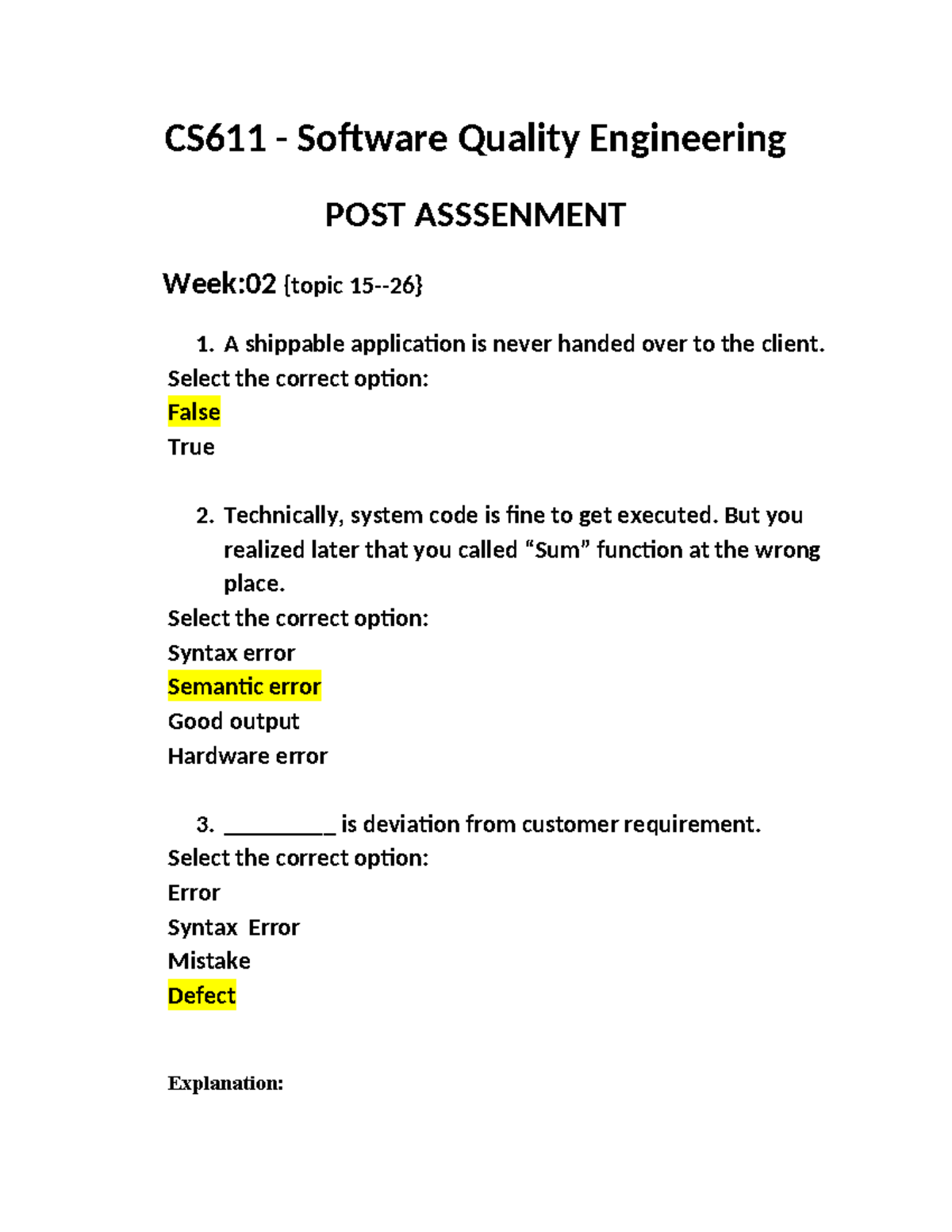 CS611-Week 02 Quiz: Software Quality Engineering Topics 15-26 - Studocu