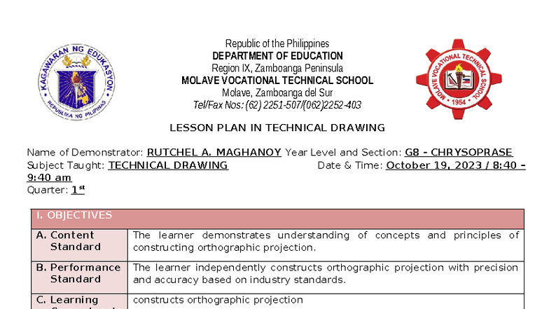 CO1 TD - Lesson Plan for Technical Drawing: Orthographic Projection ...