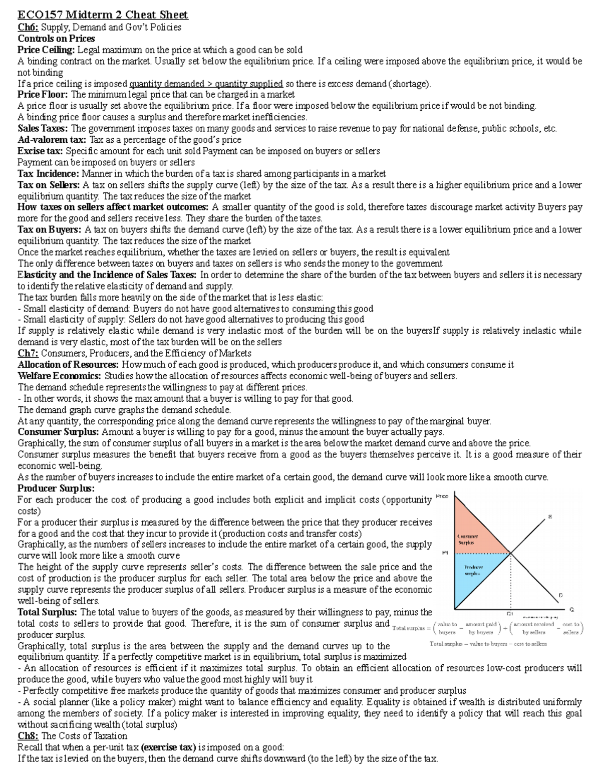 Econ Midterm 2 Cheat Sheet - ECO157 Midterm 2 Cheat Sheet Ch6: Supply ...