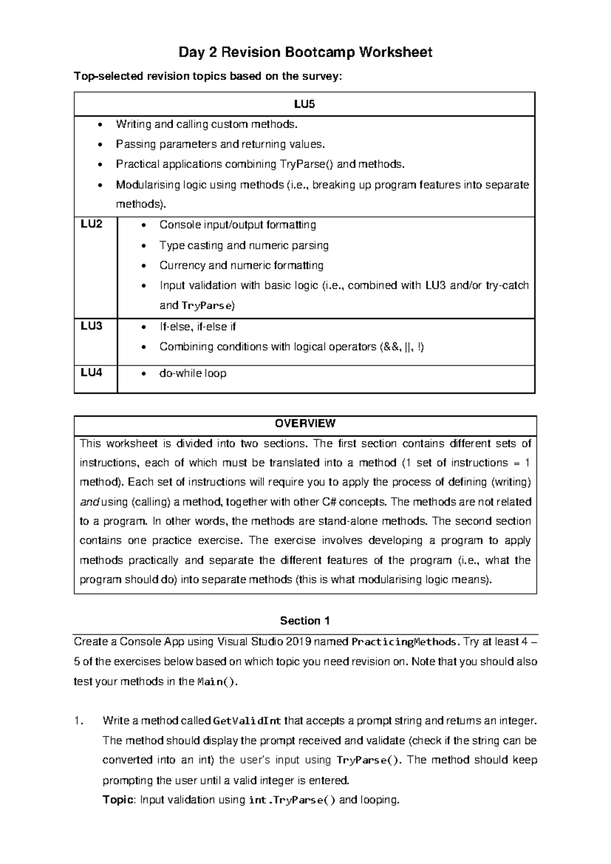 CSIS1534 Bootcamp Day 2: Methods Revision Worksheet and Exercises - Studocu