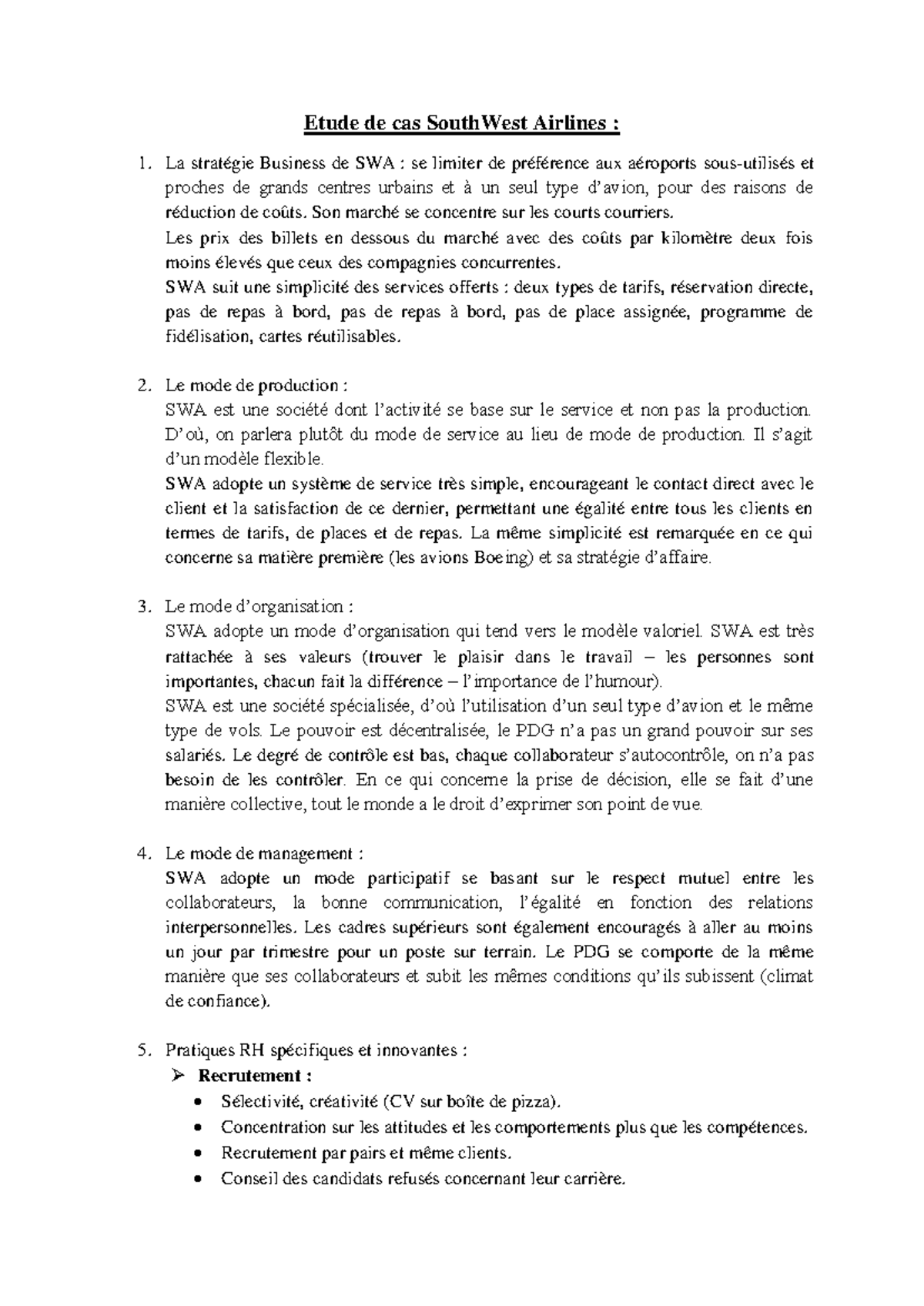 Étude de Cas MDRH: Stratégie et Organisation de SouthWest Airlines ...