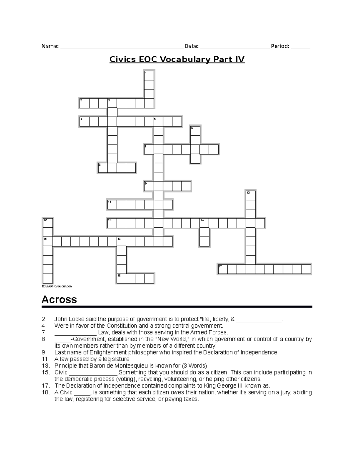 CIVICS EOC Practice: Crossword Vocabulary Part IV Guide - Studocu
