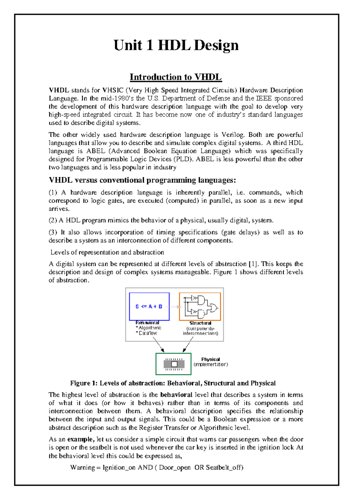 Unit 1 HDL Design: Introduction to VHDL and Its Applications - Studocu