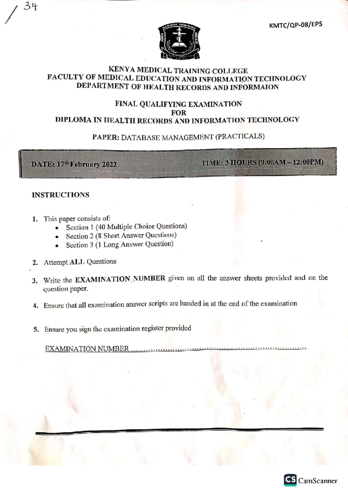 Database Management FQE Paper - Diploma in Health Records & IT - Studocu