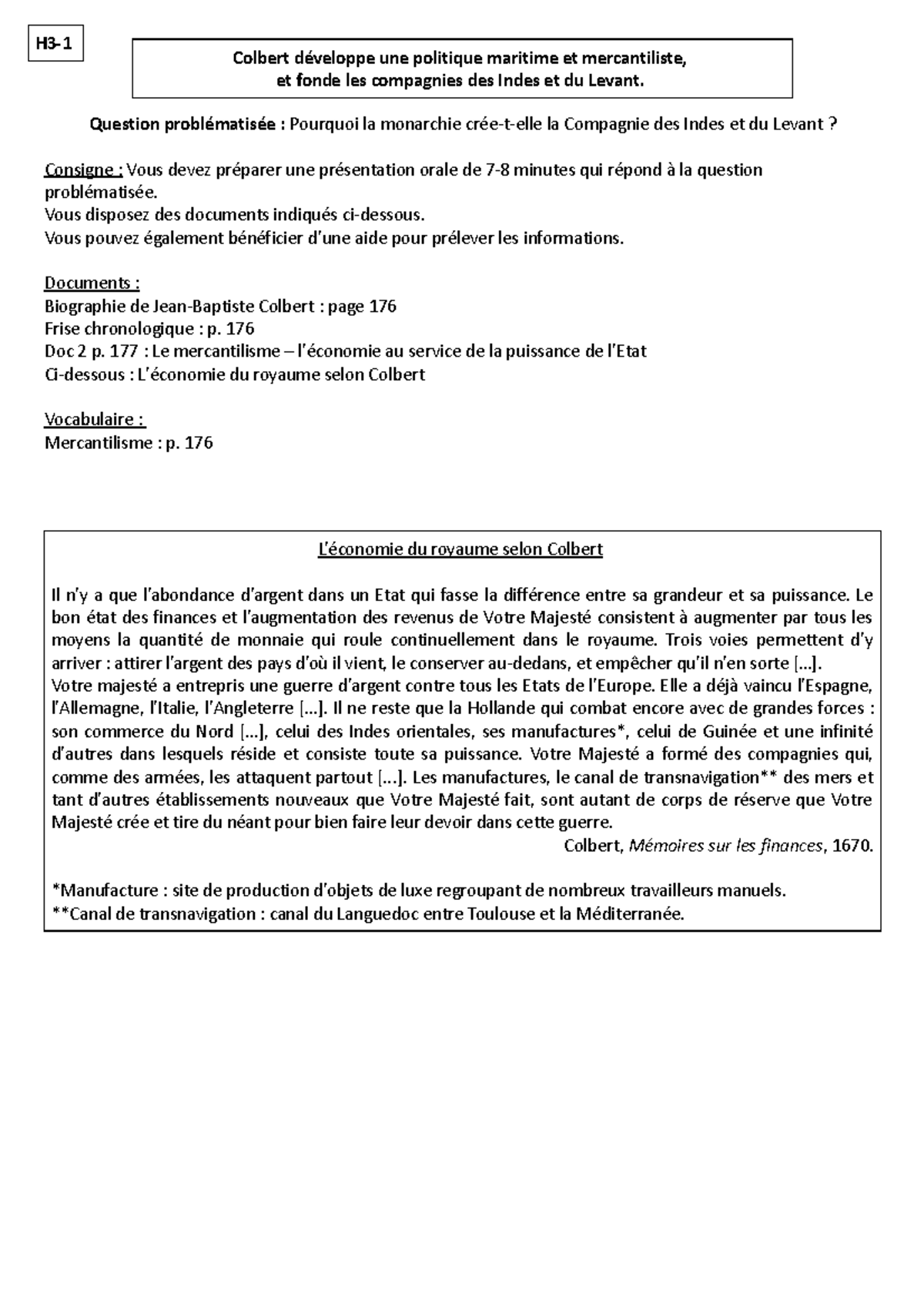 H3-1 Colbert - Notes de cours sur le mercantilisme et les Indes - Studocu