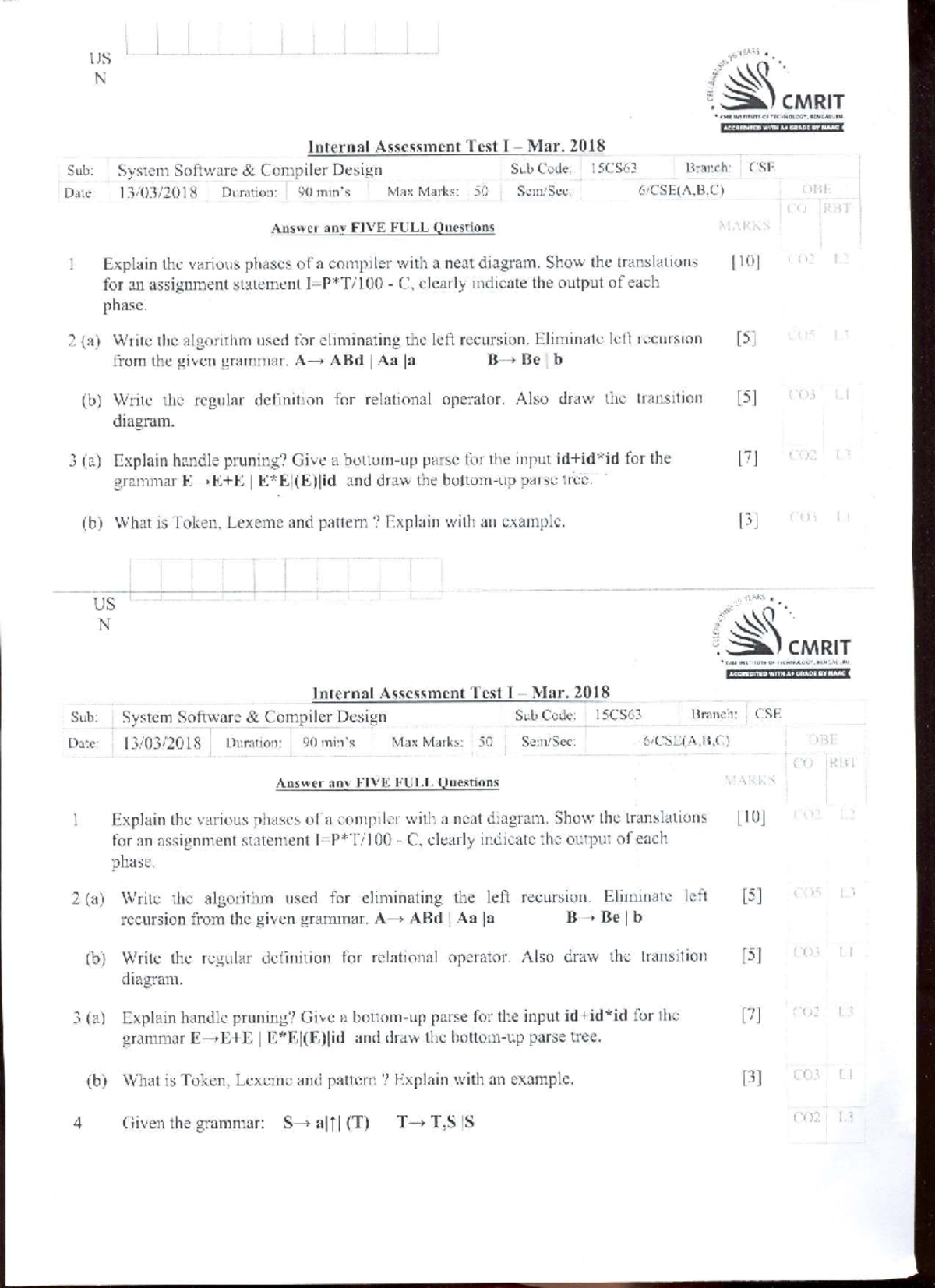IAT - I15CS63 System Software & Compiler Design Internal Assessment ...