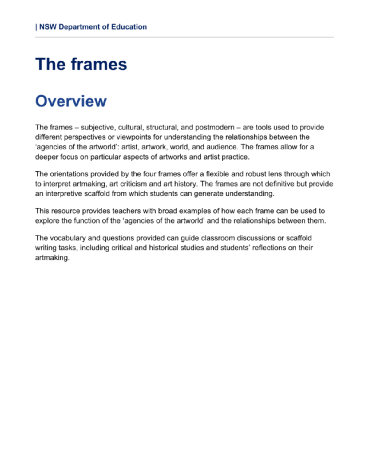 Creative Arts Class Notes: Exploring the Four Frames in Art - Studocu