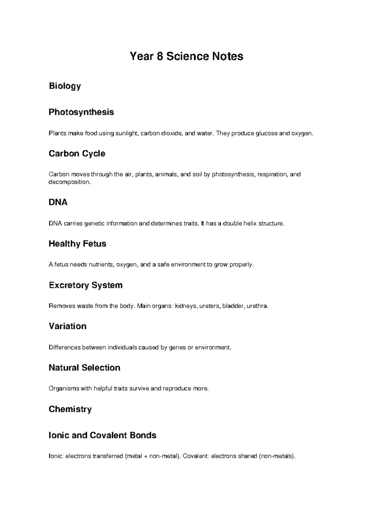 Year 8 Science Notes - Biology, Chemistry, and Physics Review - Studocu