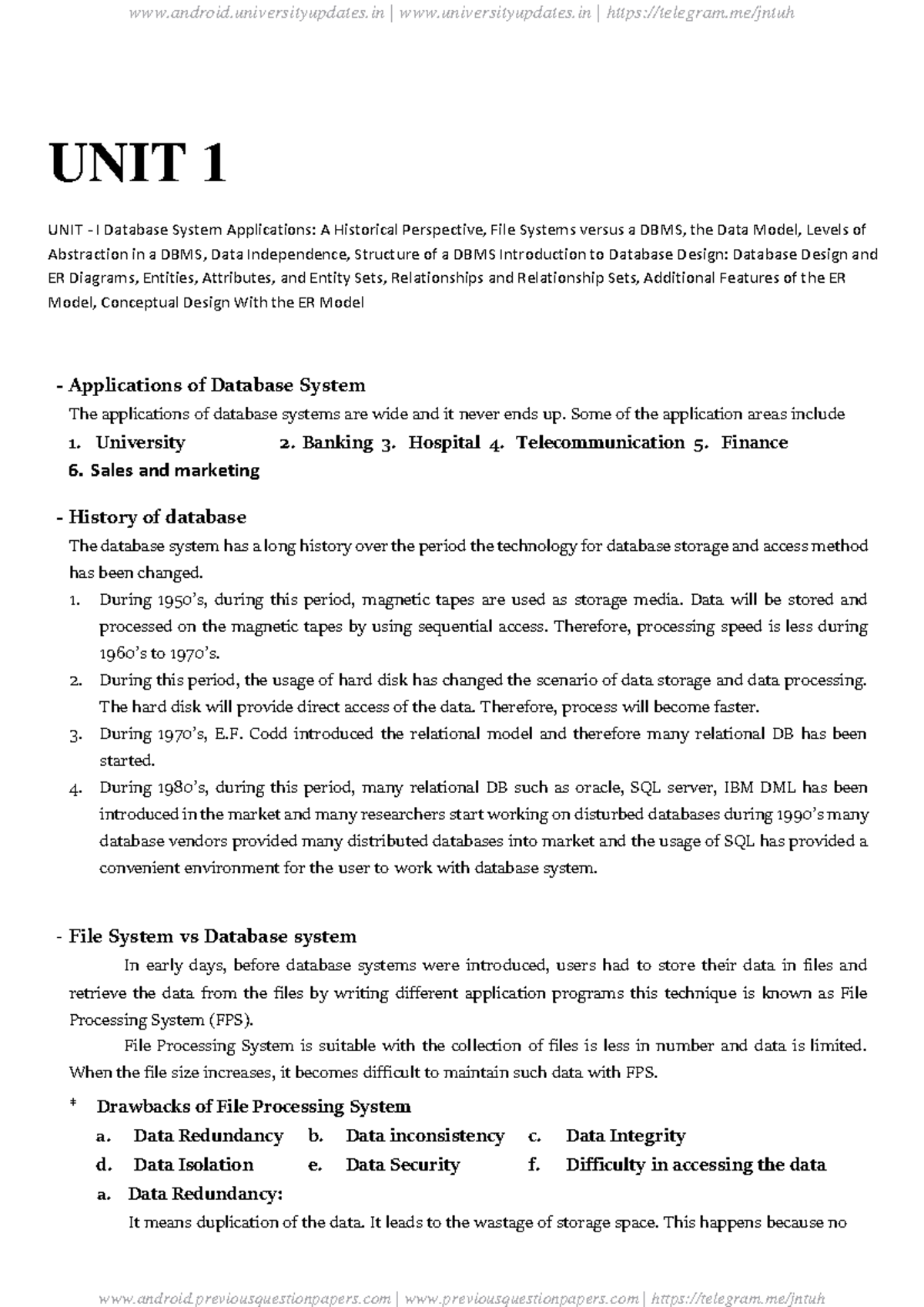 JNTUH DBMS Lecture Notes: Overview, Models, and Applications - Studocu