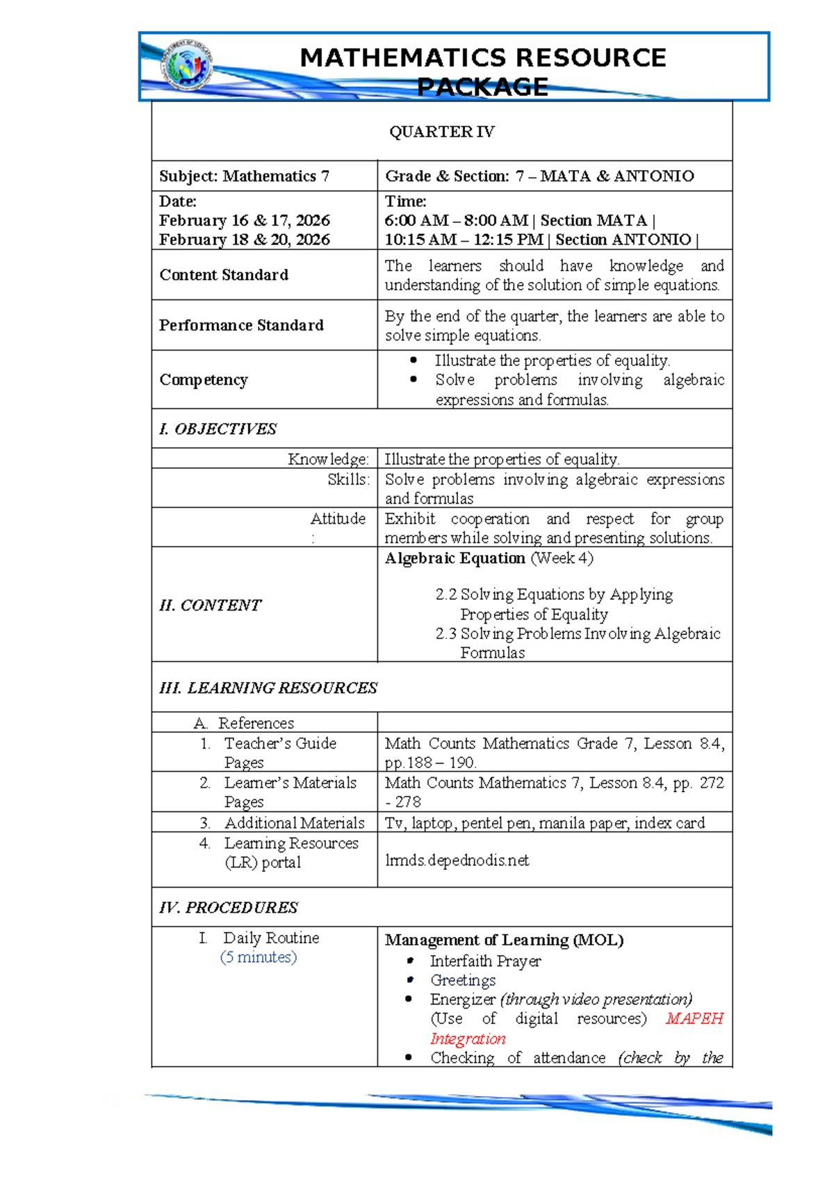 MATHEMATICS 7 WEEK 4 LESSON PLAN: SOLVING EQUATIONS & FORMULAS - Studocu