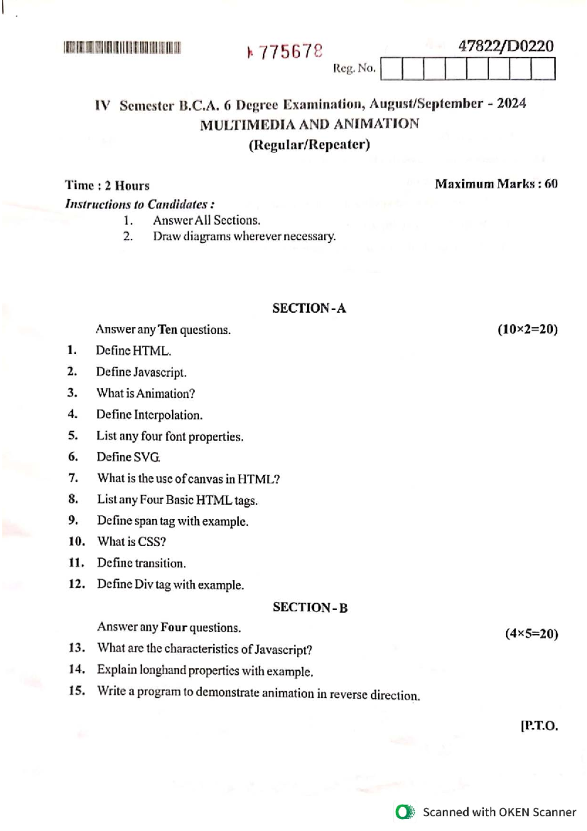 B.C.A. IV Sem 2024 Multimedia & Animation Exam Questions - Studocu