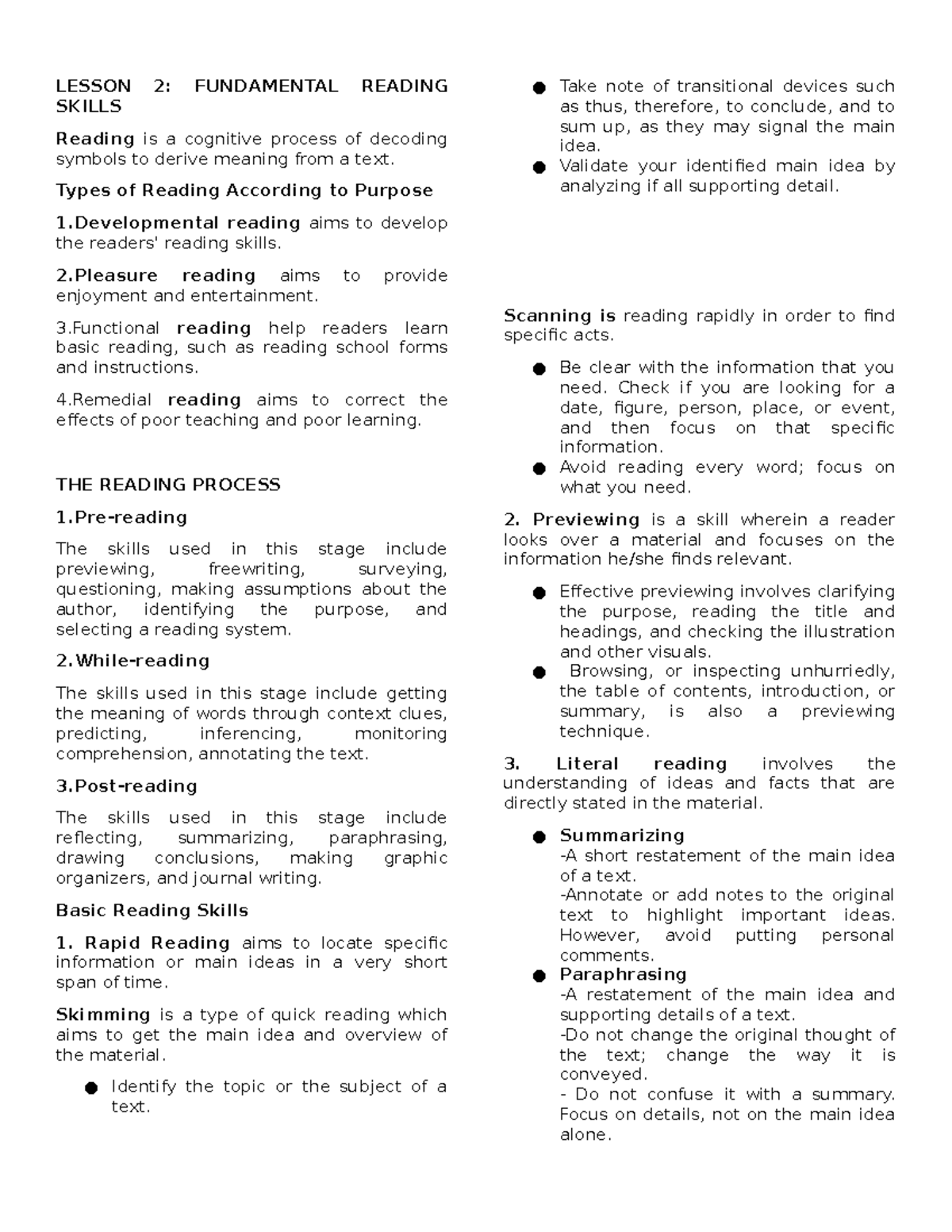 L2 - Lesson on Fundamental Reading Skills and Processes - Studocu