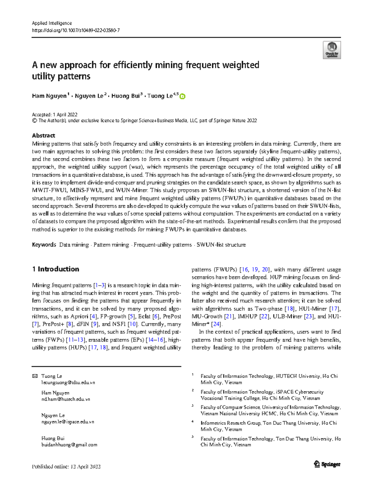 Applied Intelligence: Efficient Mining of Frequent Weighted Utility ...
