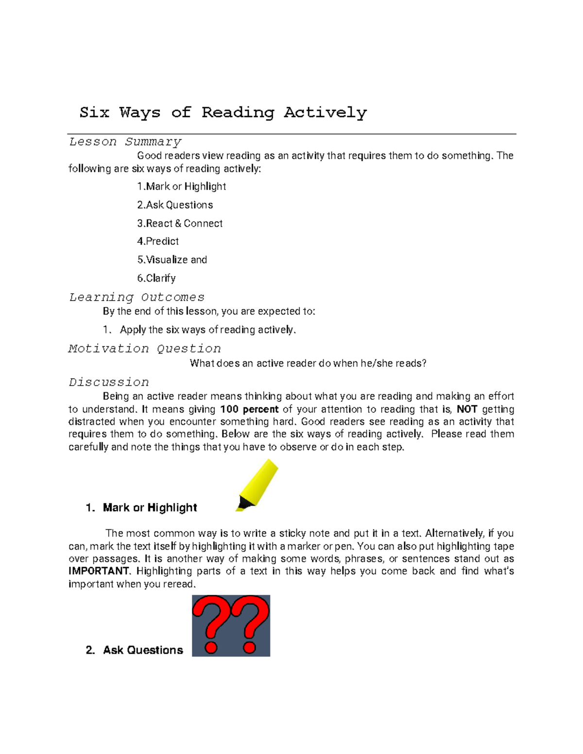 Six Ways of Reading Actively: Lesson Summary and Outcomes - Studocu