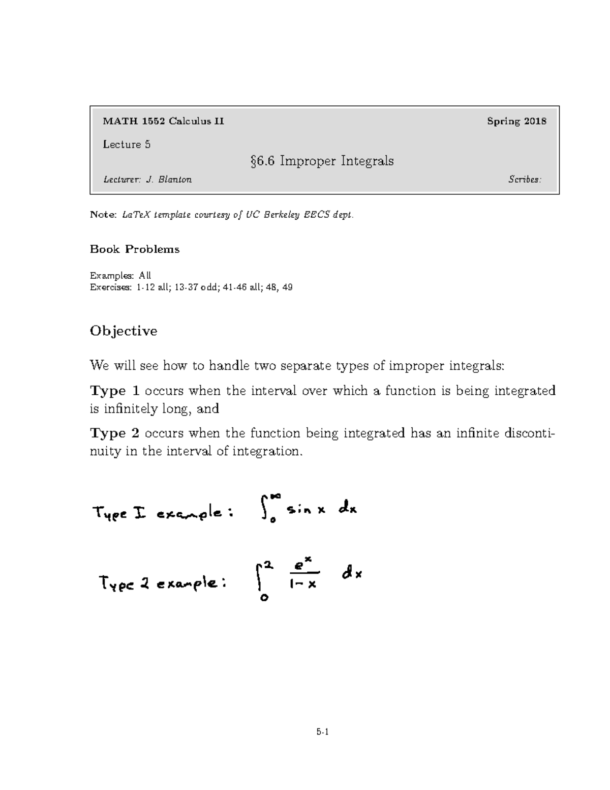 MATH 1552 Calculus II Spring 2018 Lecture 5: Improper Integrals - Studocu