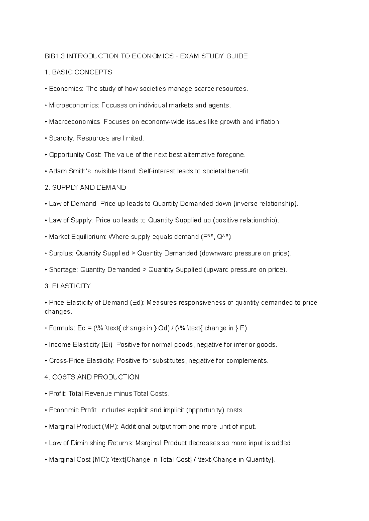 BIB1.3 INTRODUCTION TO ECONOMICS FINAL EXAM STUDY GUIDE - Studocu