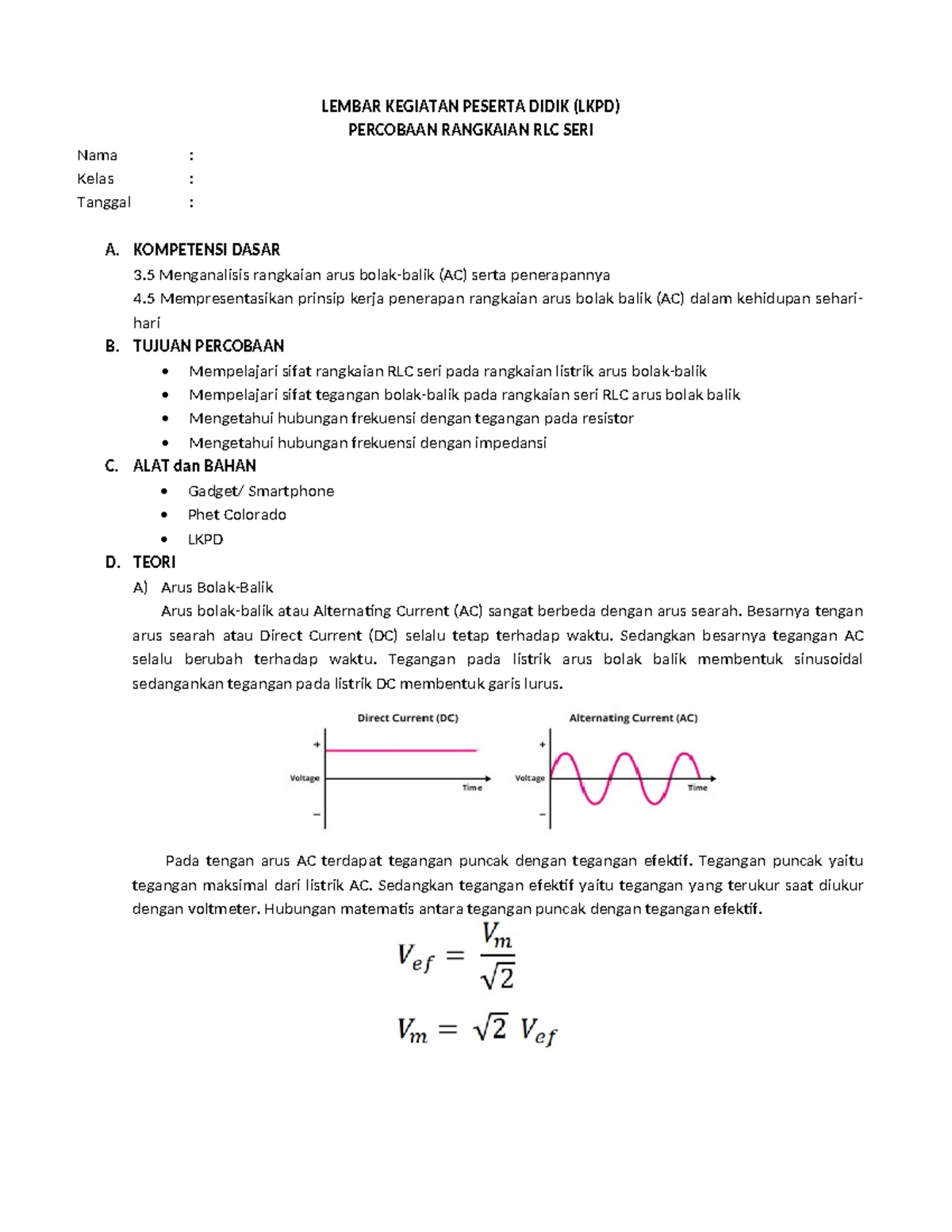 LKPD Percobaan Rangkaian RLC Seri Listrik AC PHET - Studocu