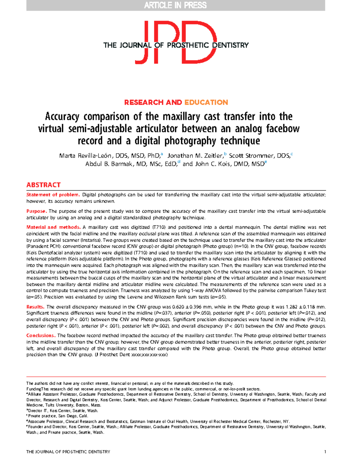 Accuracy Comparison of Maxillary Cast Transfer Techniques in ...