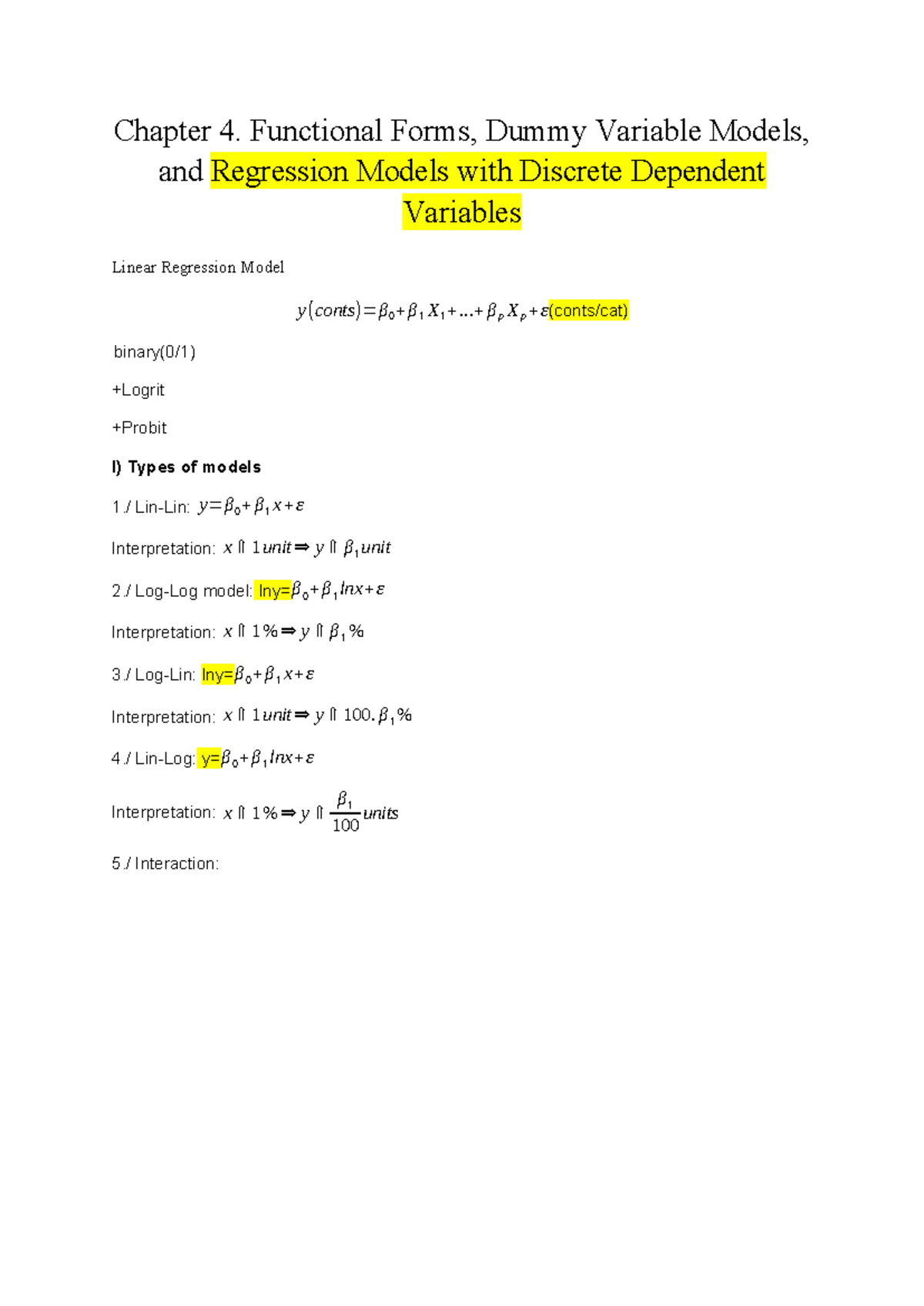KTL 4: Functional Forms & Dummy Variable Models in Ecometrics - Studocu
