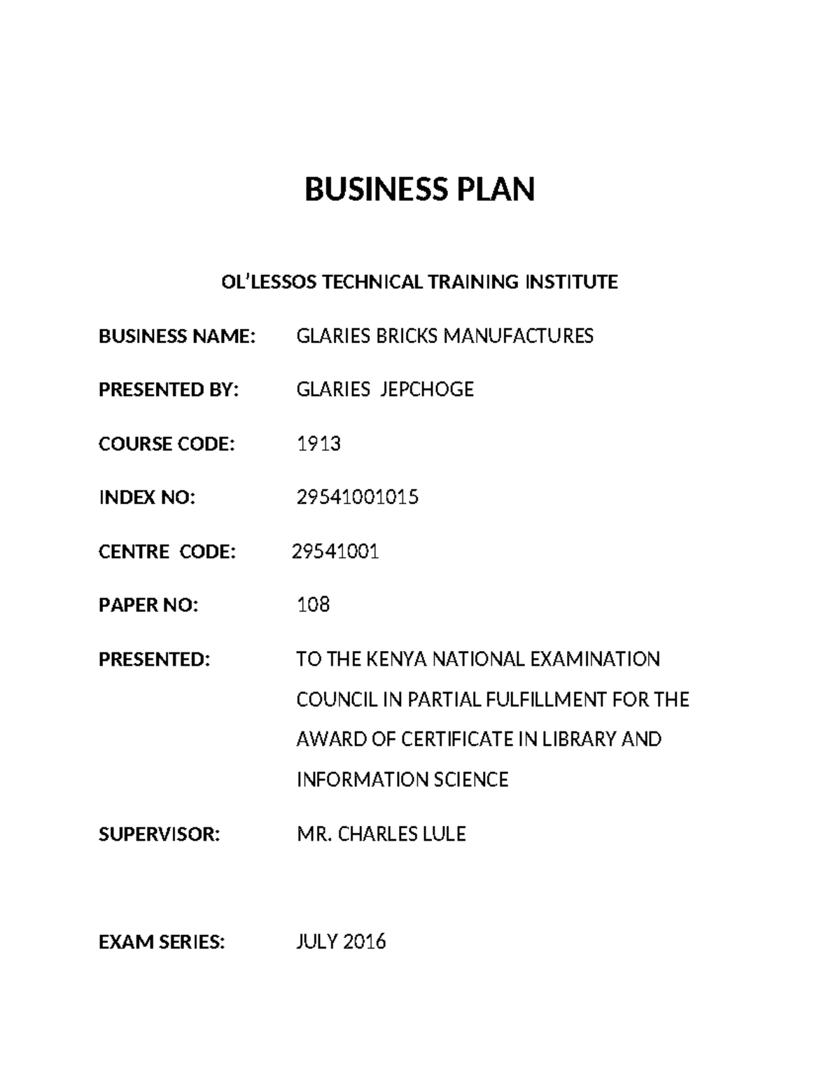 Business PLAN - Engineering mechanics - BUSINESS PLAN OL’LESSOS ...