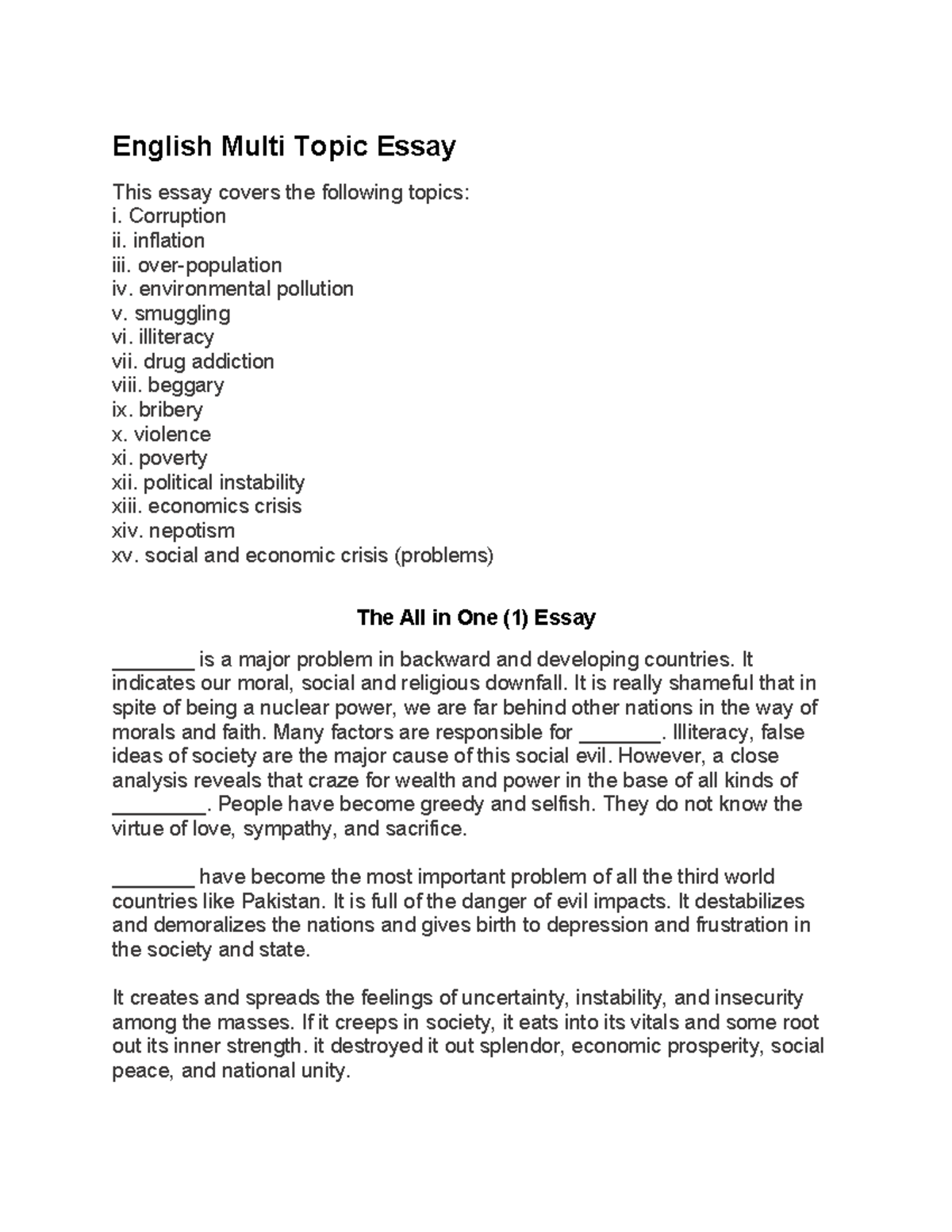 English Multi-Topic Essay on Socio-Economic Issues - Studocu