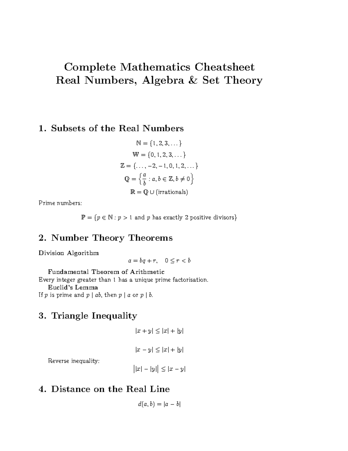 Mathematics Cheatsheet: Real Numbers & Algebra Theorems - Studocu