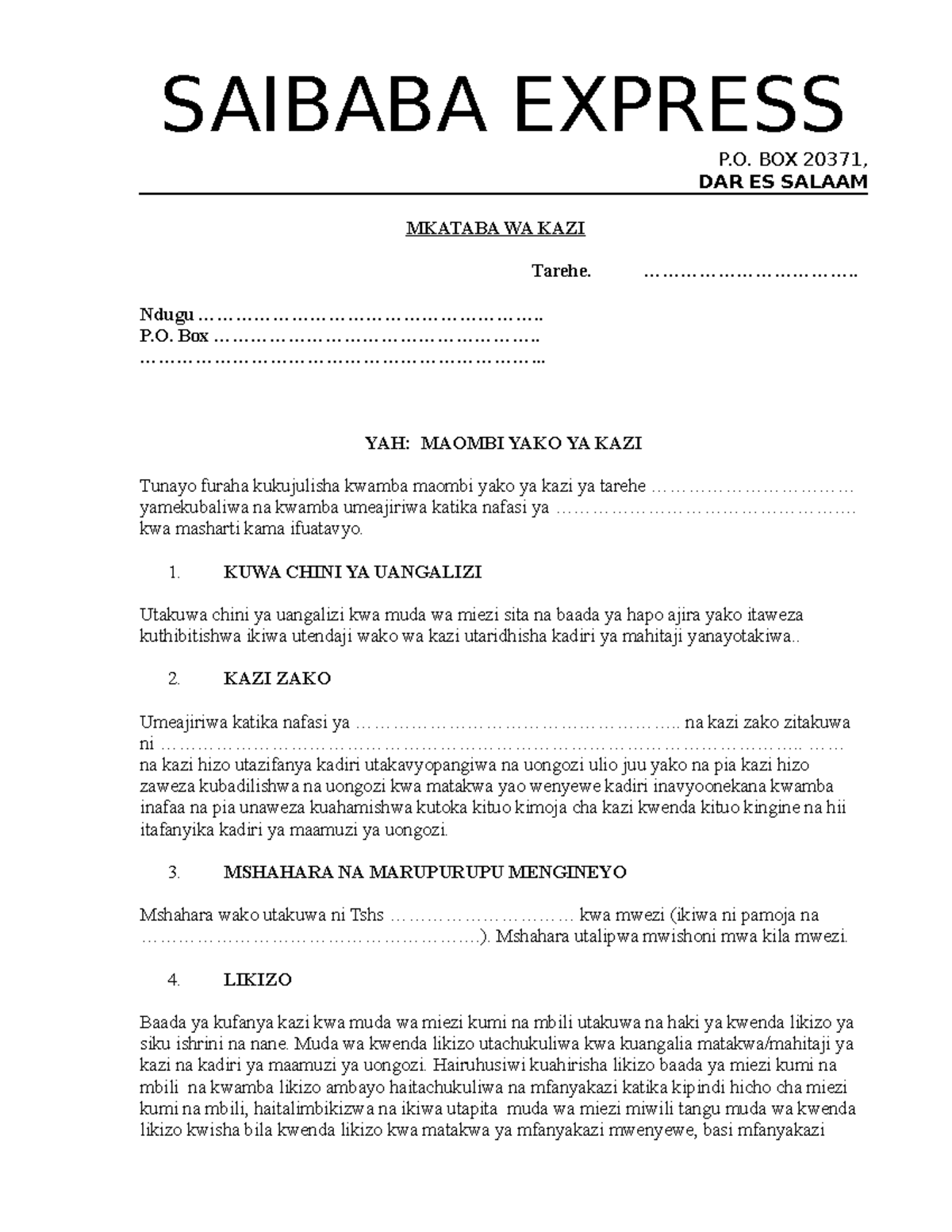 Mkataba wa Kazi - Maelezo ya Ajira na Masharti muhimu - Studocu