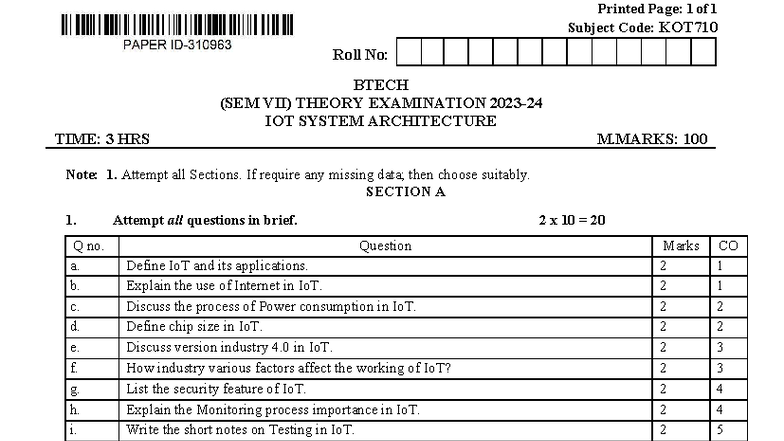 BTECH VII Sem KOT710 IOT System Architecture Exam Notes Jan 2024 - Studocu