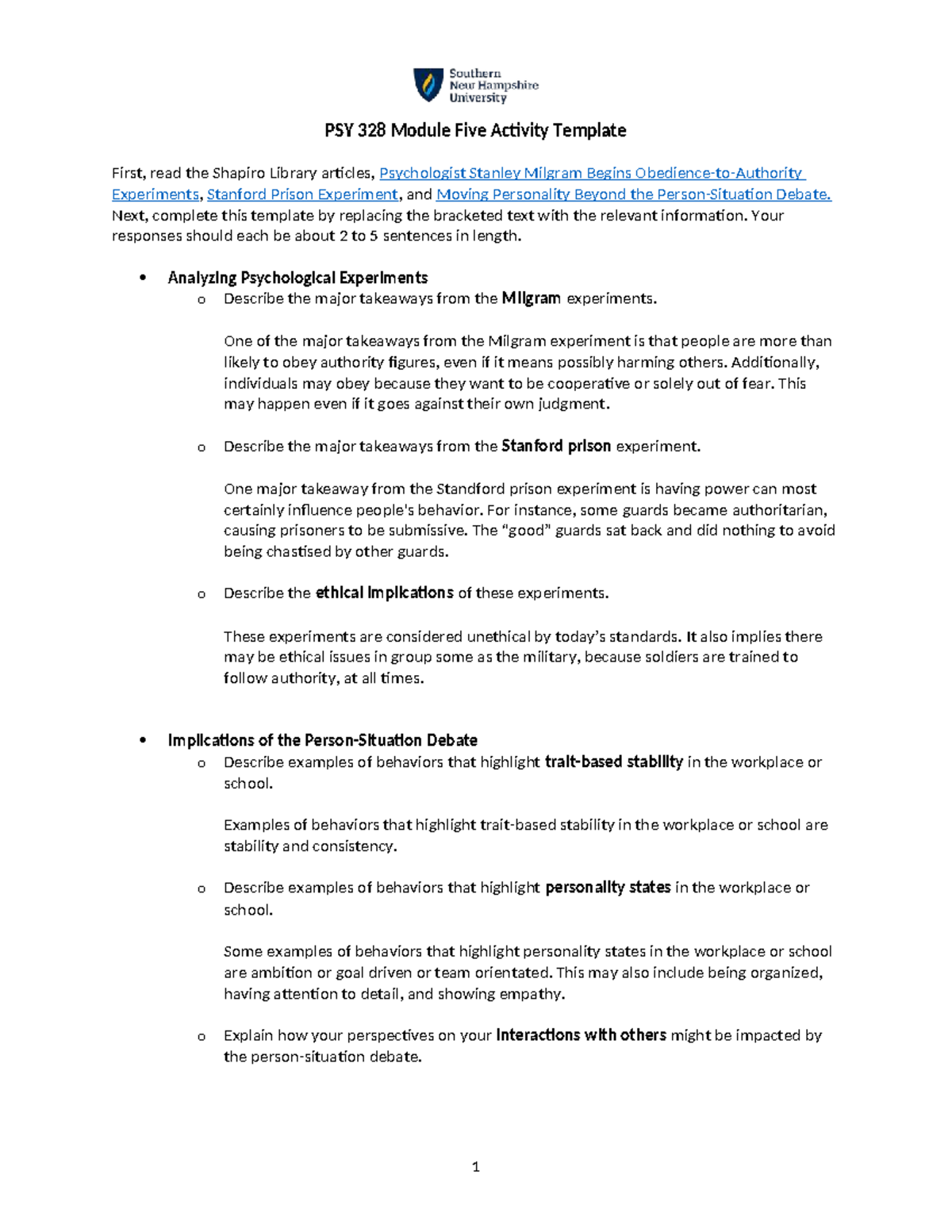 5-2 psy 328 - n/a - PSY 328 Module Five Activity Template First, read the Shapiro Library ...