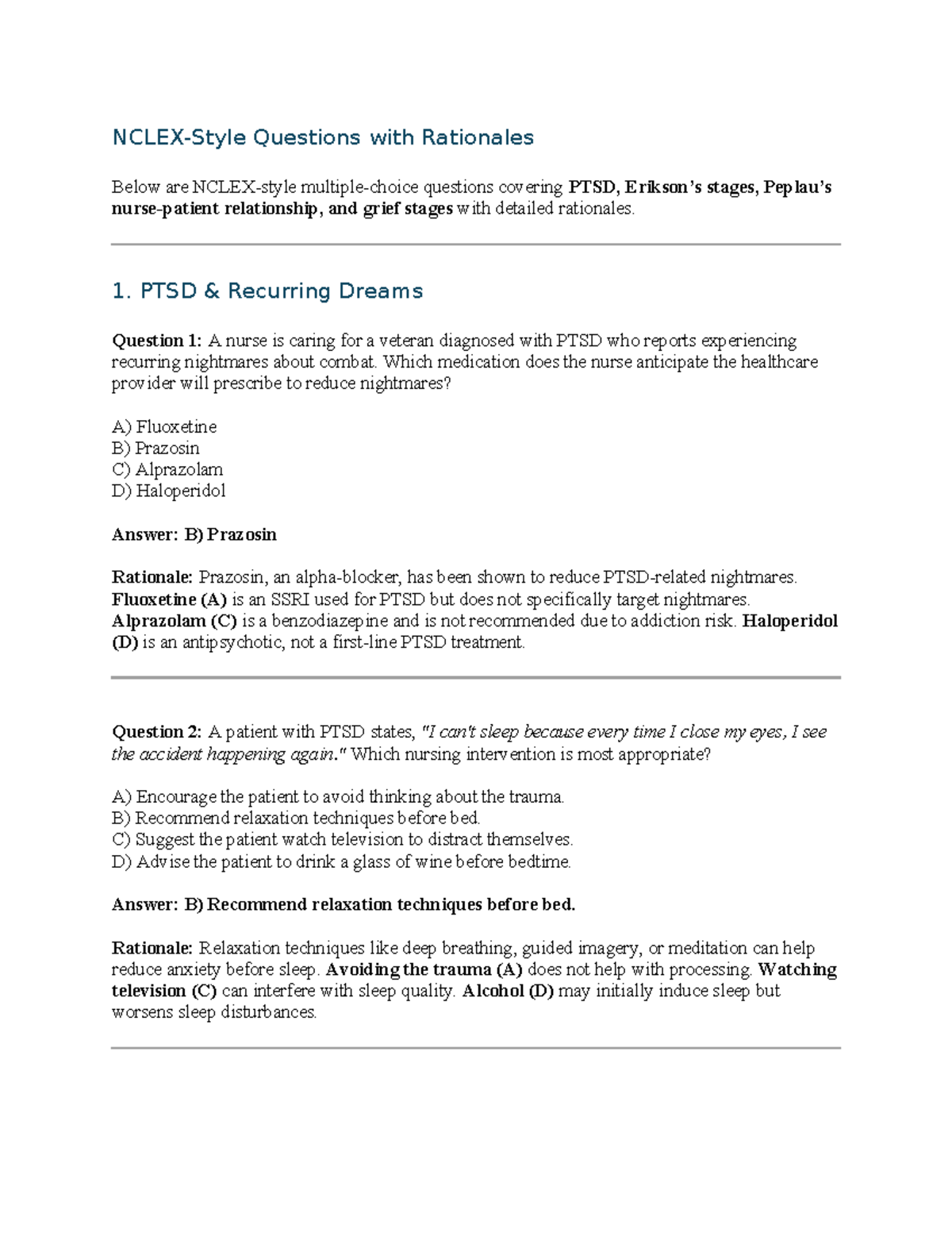 NCLEX Questions Review for PTSD, Erikson, Peplau, and Grief Stages ...