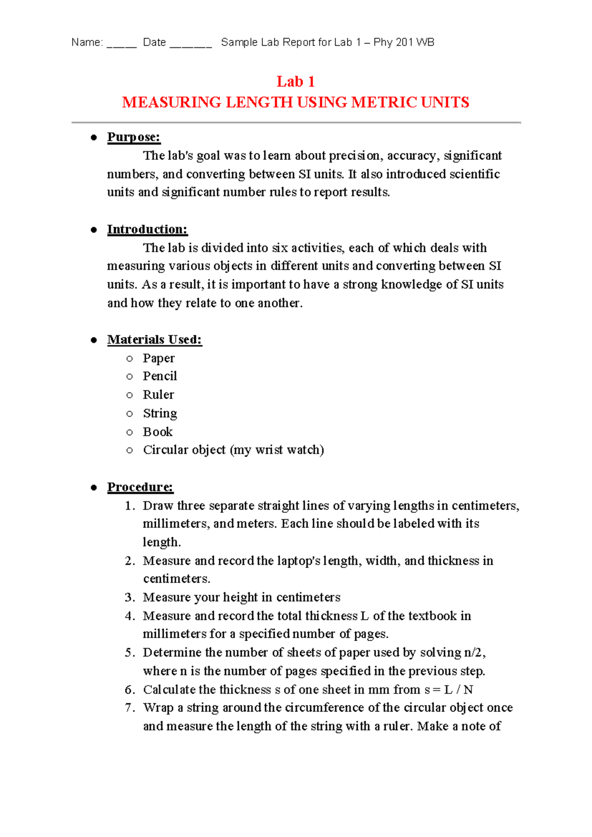 Lab Report 1: Measuring Length Using Metric Units - PHYS 201 WB - Studocu