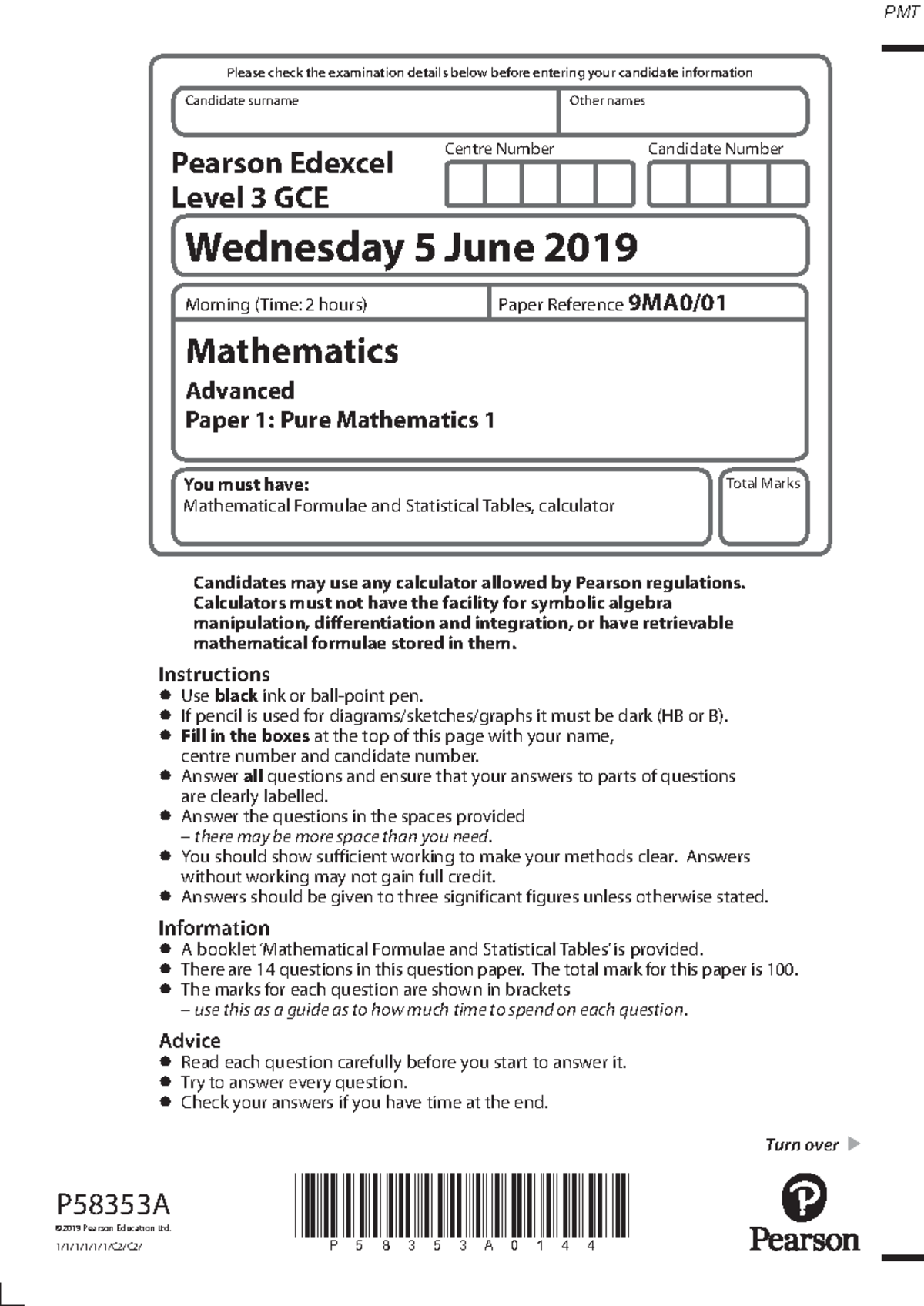 Mathematics Advanced Paper 1: Pure Mathematics 1 (PMT) - June 2019 Exam ...