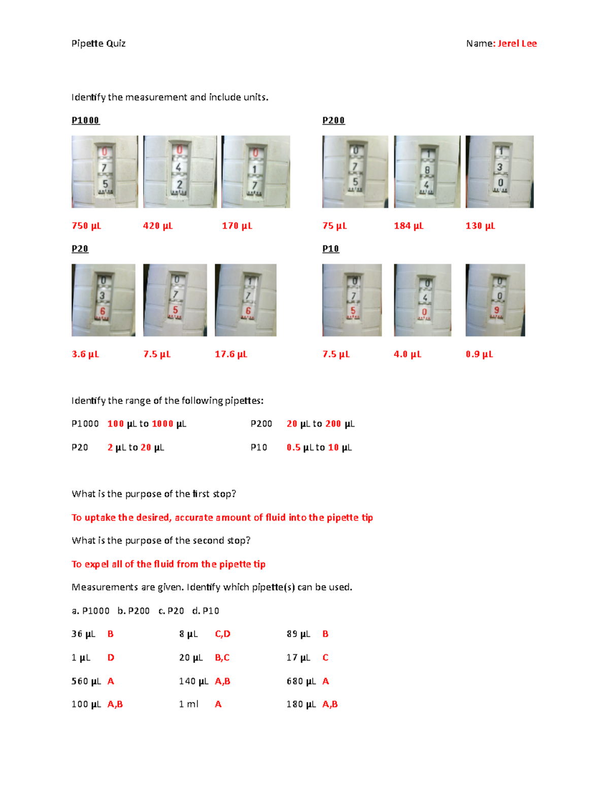 PIP 101 - Answer Key for Pipette Quiz by Jerel Lee - Studocu