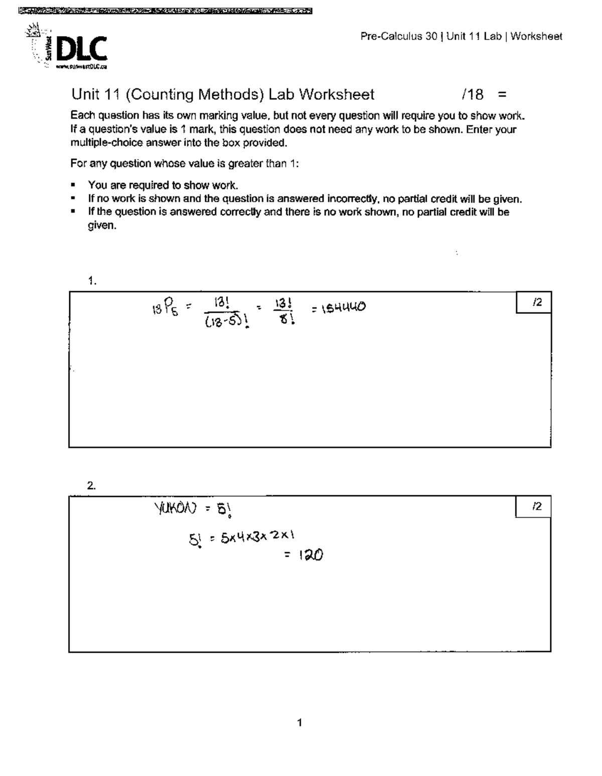 CCT 30 I Unit 11 Lab Worksheet: Counting Methods - Studocu