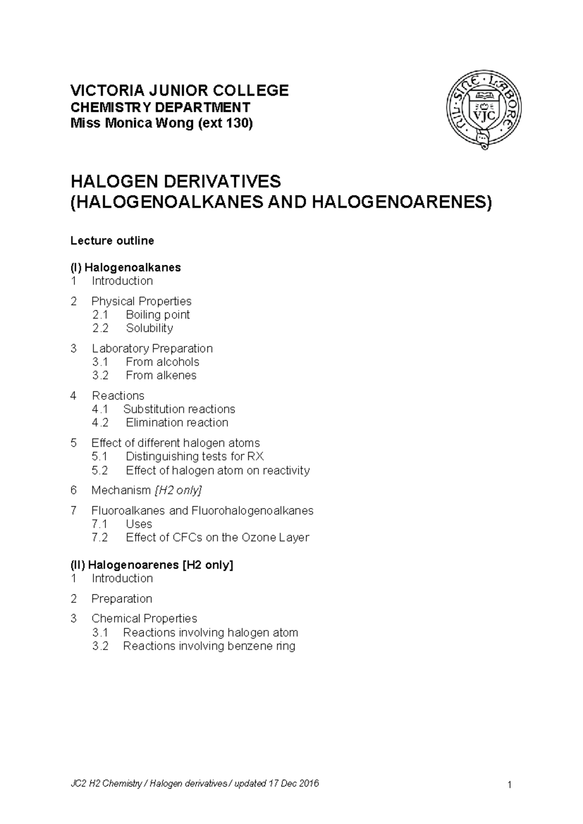 JC2 H2 Chemistry Lecture: Halogen Derivatives Overview - Studocu