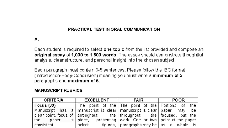 PRACTICAL TEST IN ORAL COMMUNICATION: Rubrics & Guidelines - Studocu