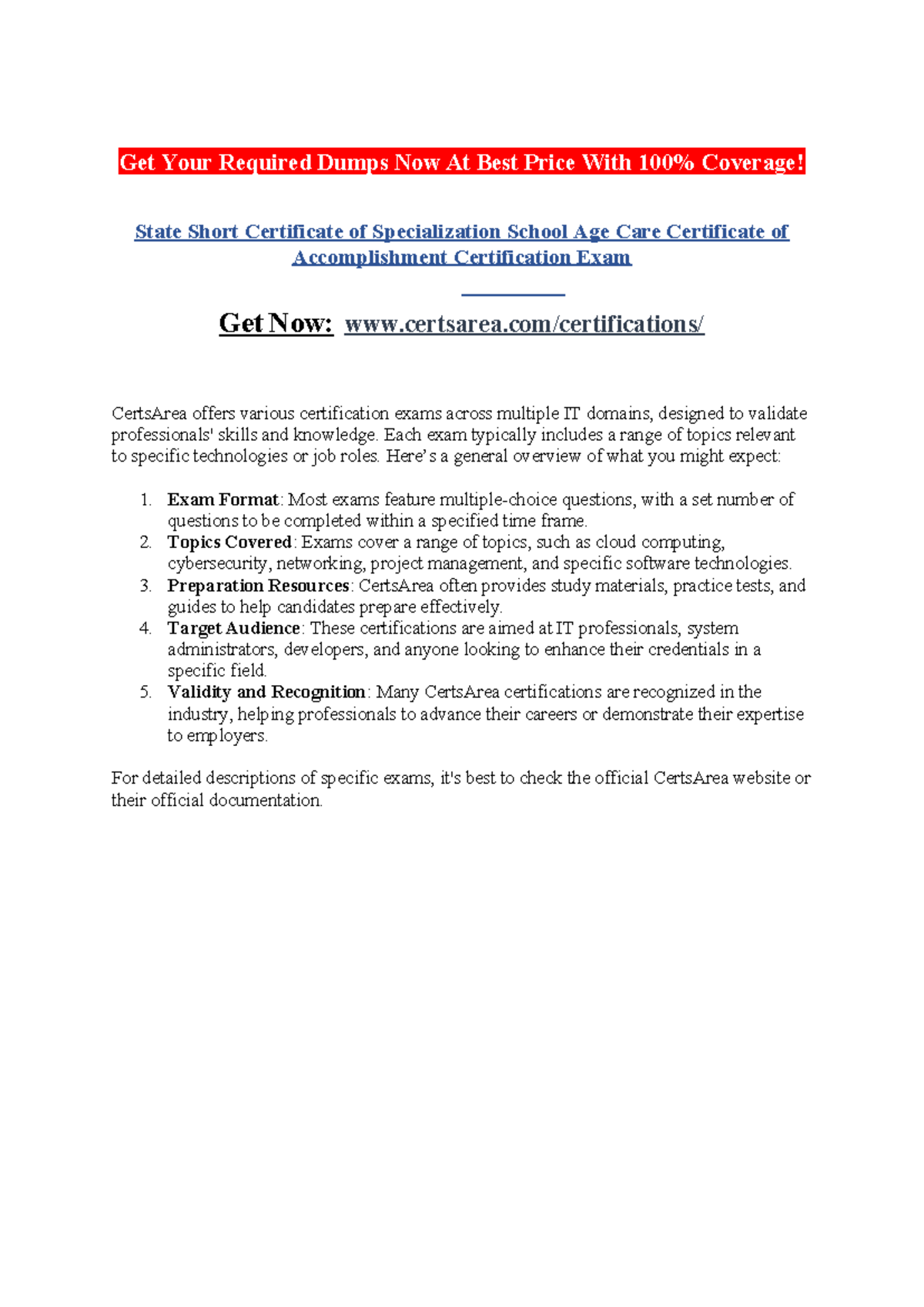 State Short Certificate of Specialization School Age Care Certificate ...