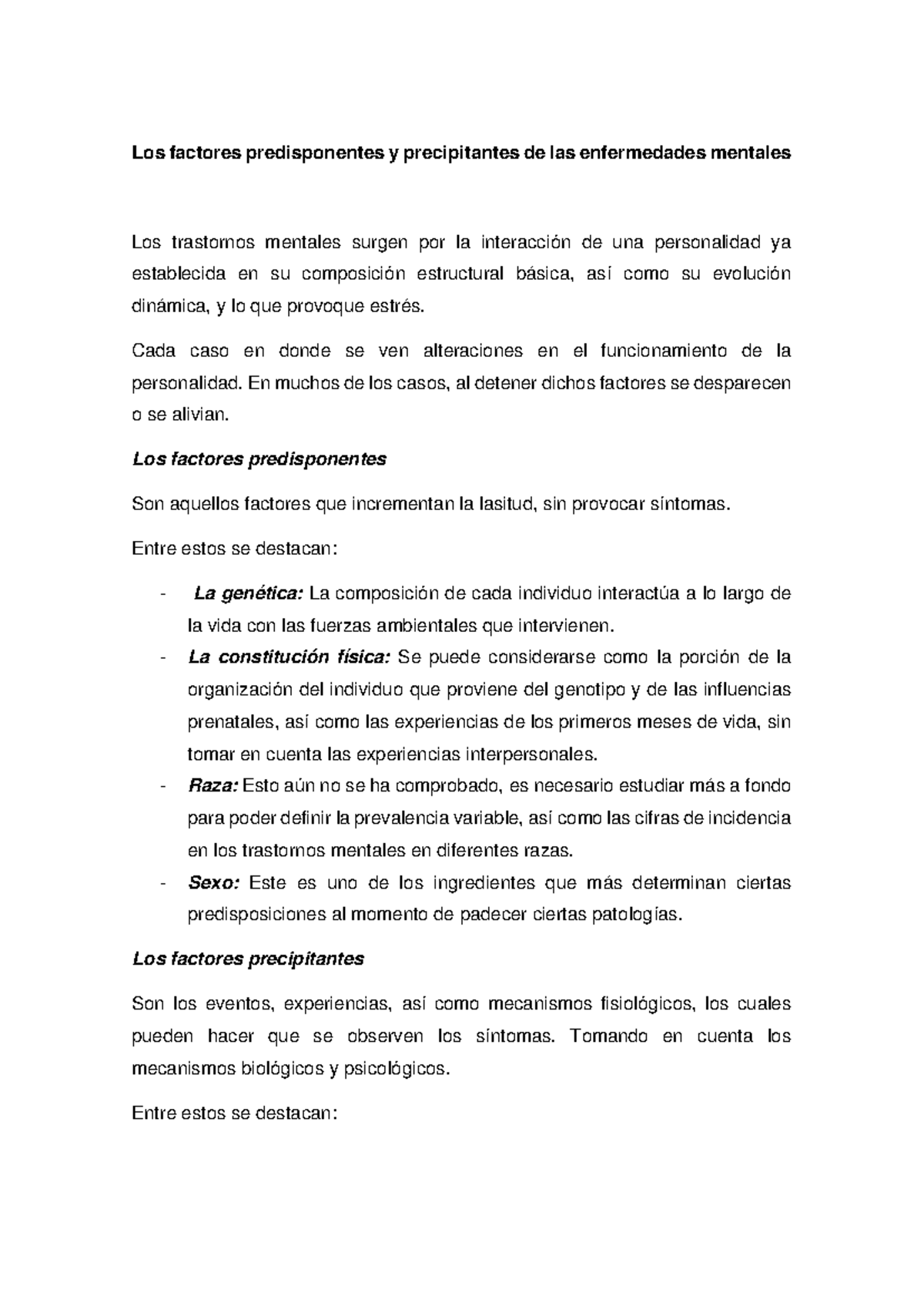 Factores Predisponentes y Precipitantes en Enfermedades Mentales - Studocu