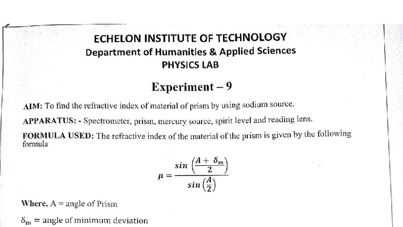 PHYSICS LAB Experiment 9: Refractive Index of Prism (EIT) - Studocu
