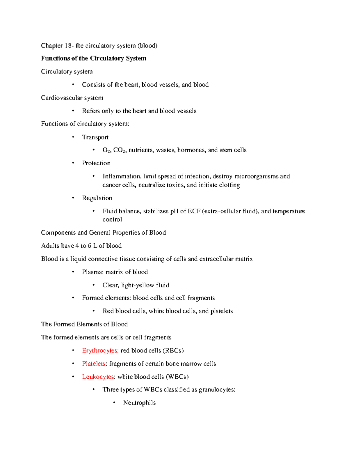 Chapter 18: The Circulatory System (Blood) Overview and Functions - Studocu