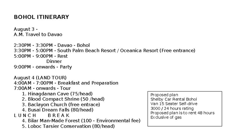 Bohol Itinerary: August 3-6 Travel & Tours Guide - Studocu