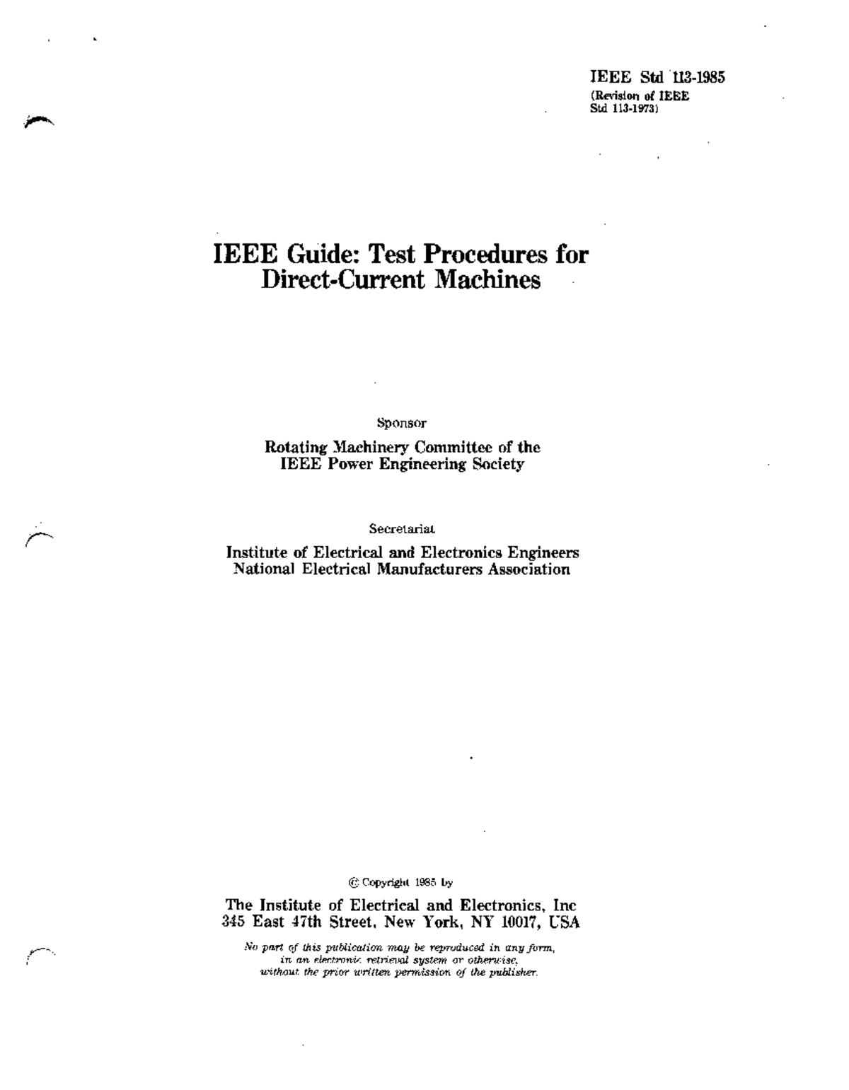 IEEE Std 113-1985 - Test Procedures for Electric Machines in DC Power ...
