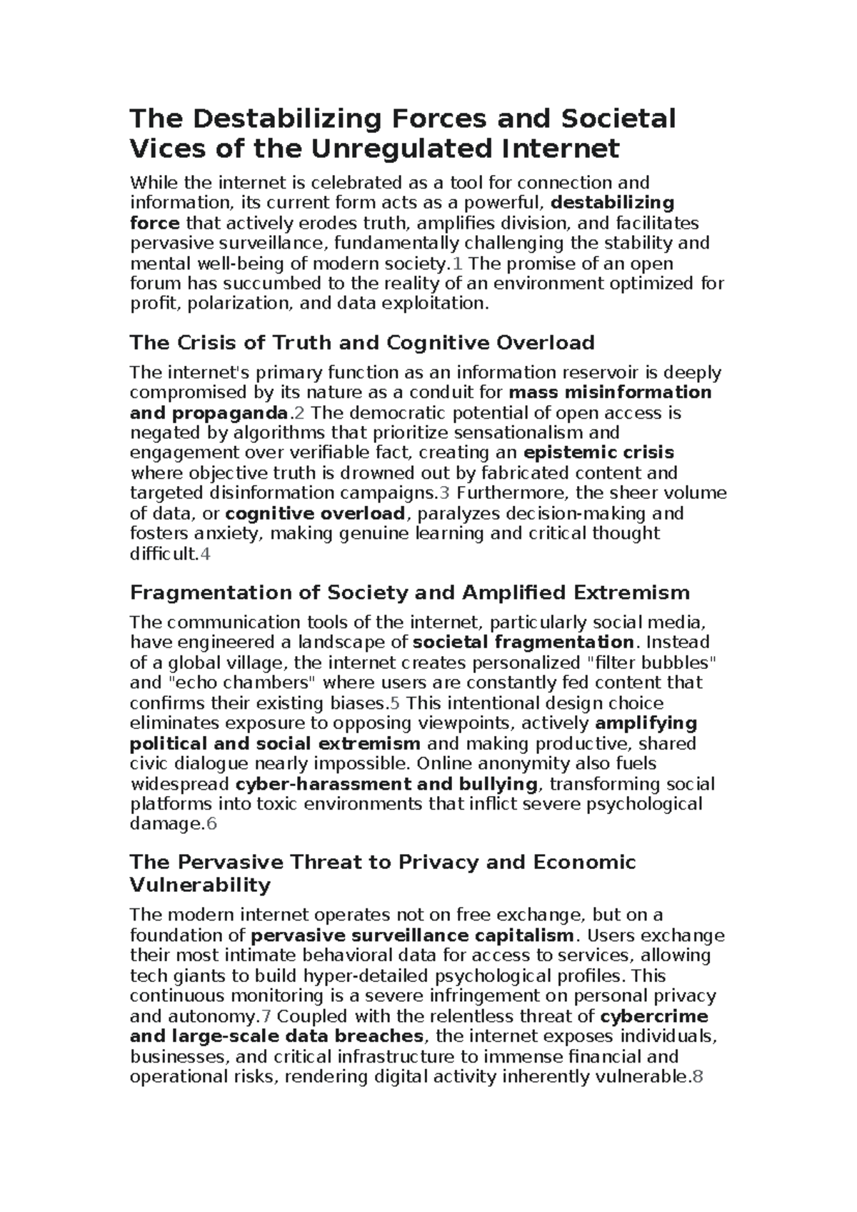 The Unregulated Internet: Societal Vices and Destabilizing Forces - Studocu