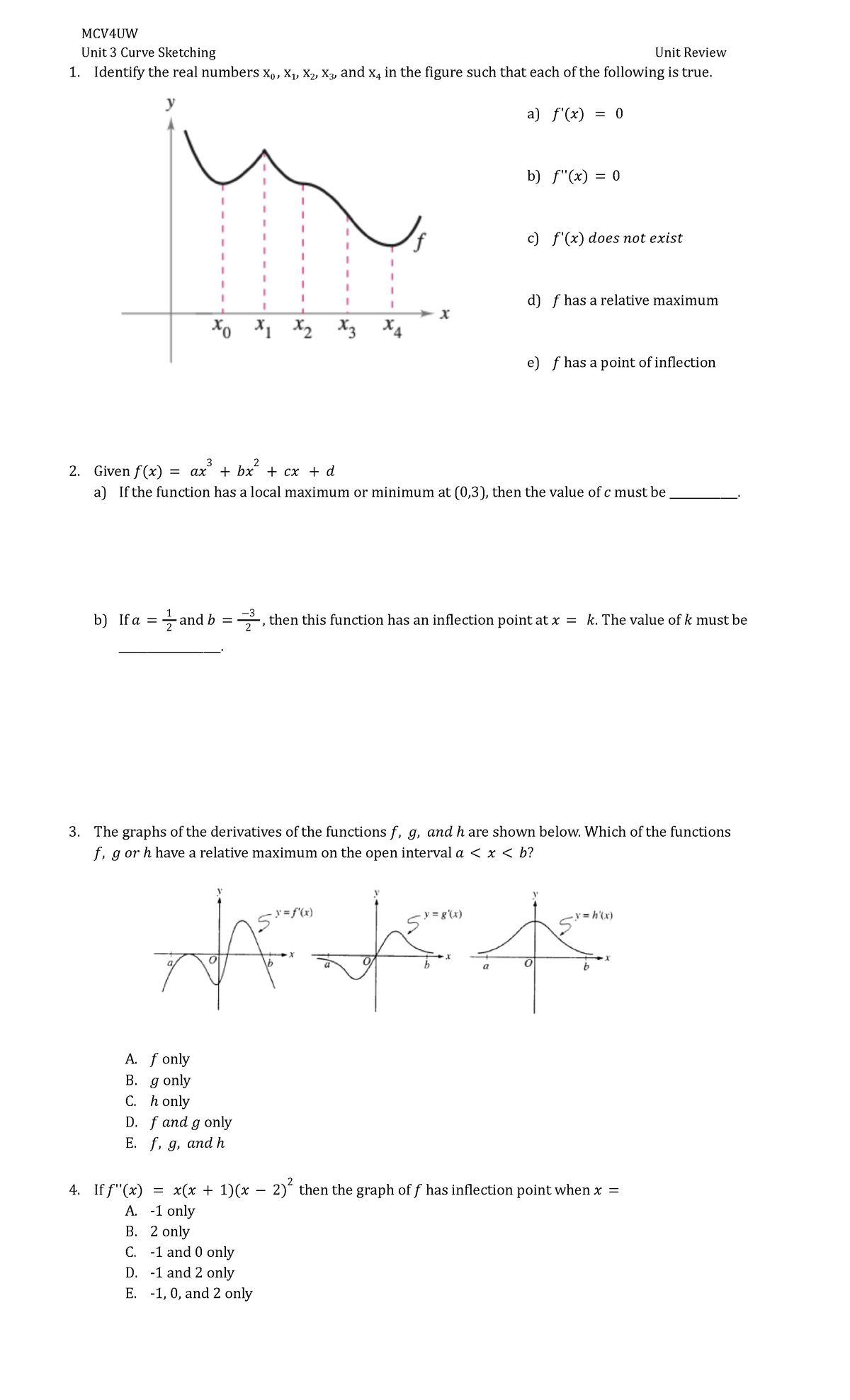 Unit Review - MCV4UW Unit 3 Curve Sketching Unit Review Identify the ...