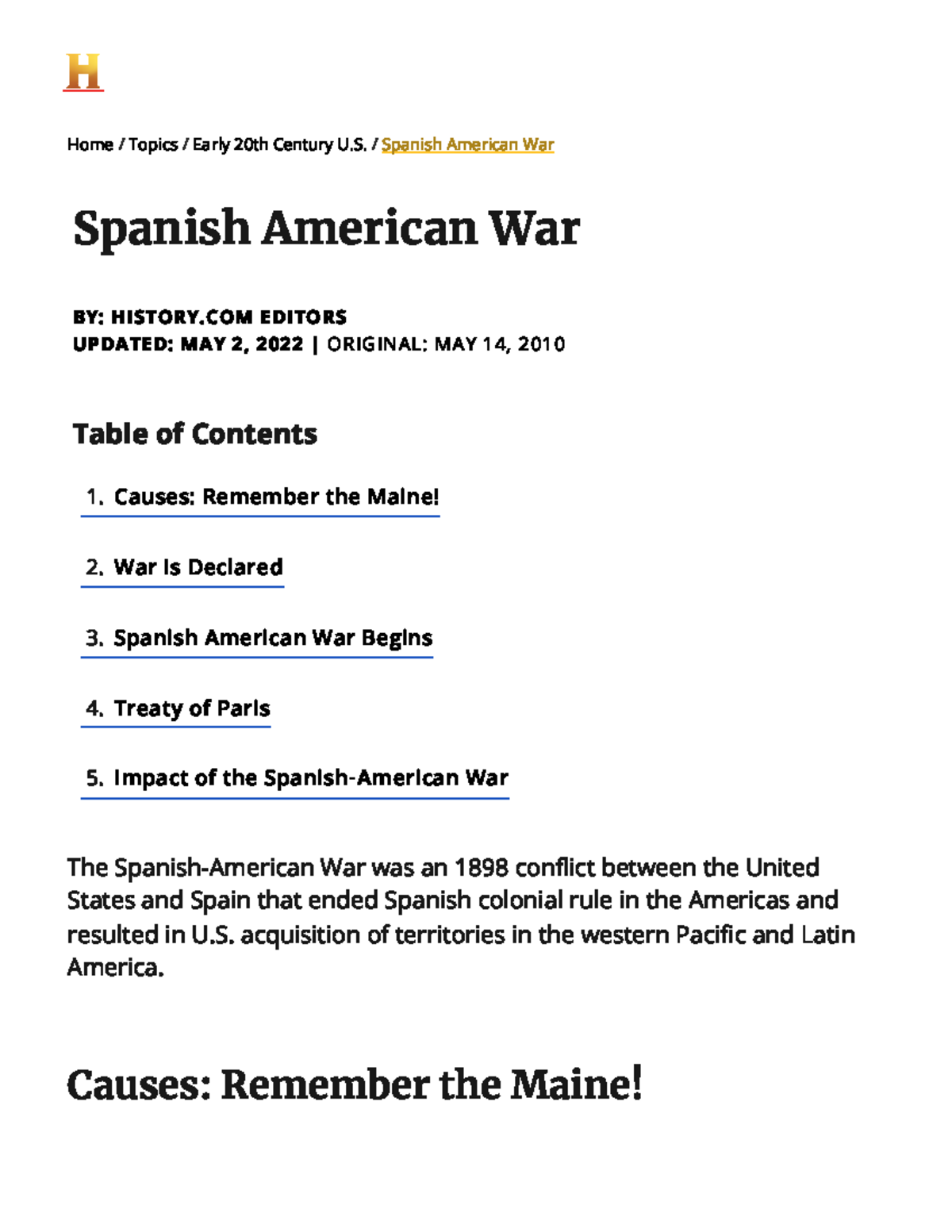 Spanish‑American War Causes, Battles & Timeline History - Table of ...