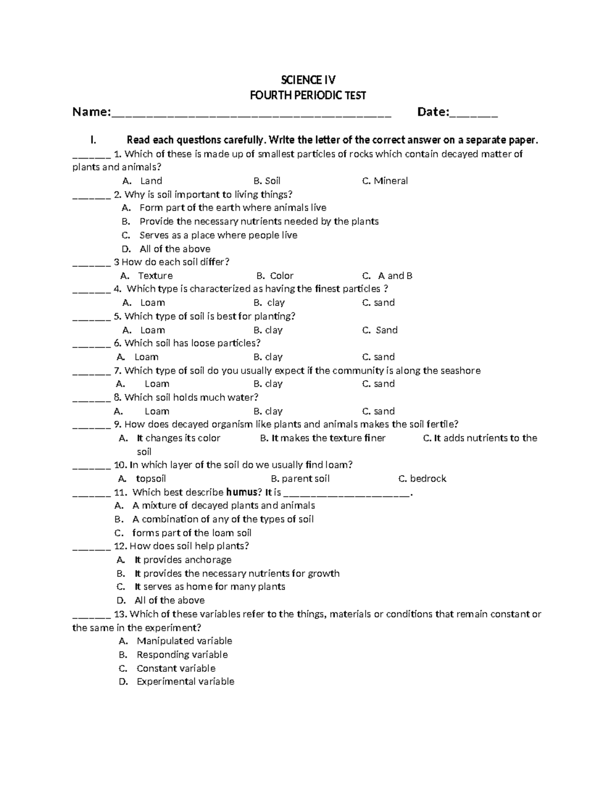 Science-EXAM - make a guide - SCIENCE IV FOURTH PERIODIC TEST - Studocu